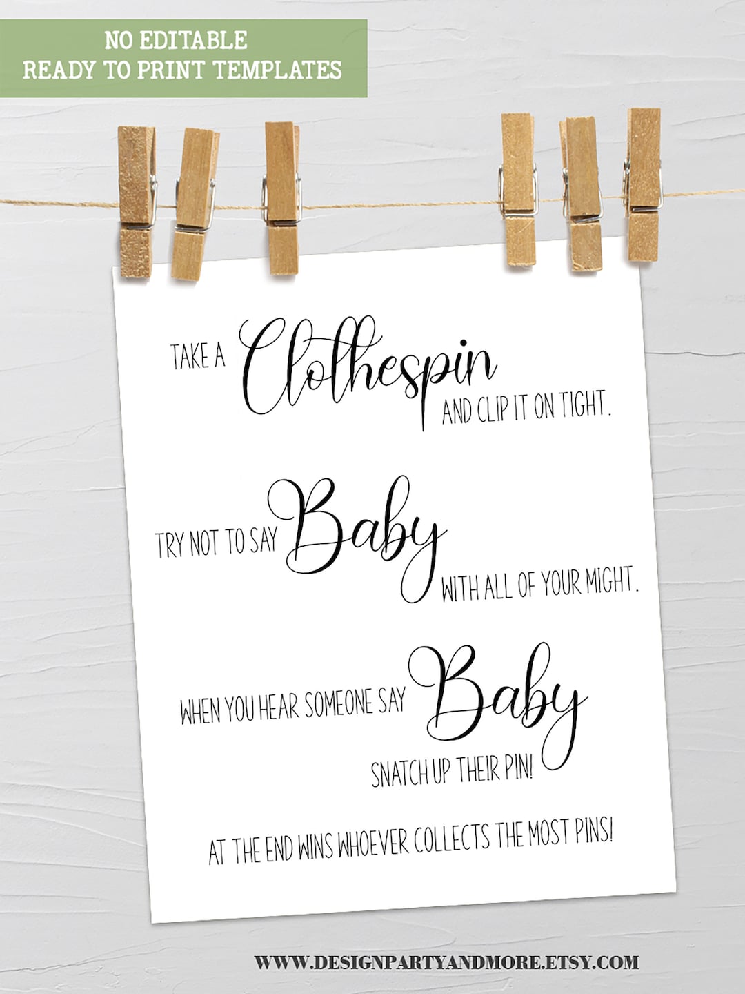 Don't Say Baby Shower Game, Clothespin Baby Shower Game, Minimalist ...