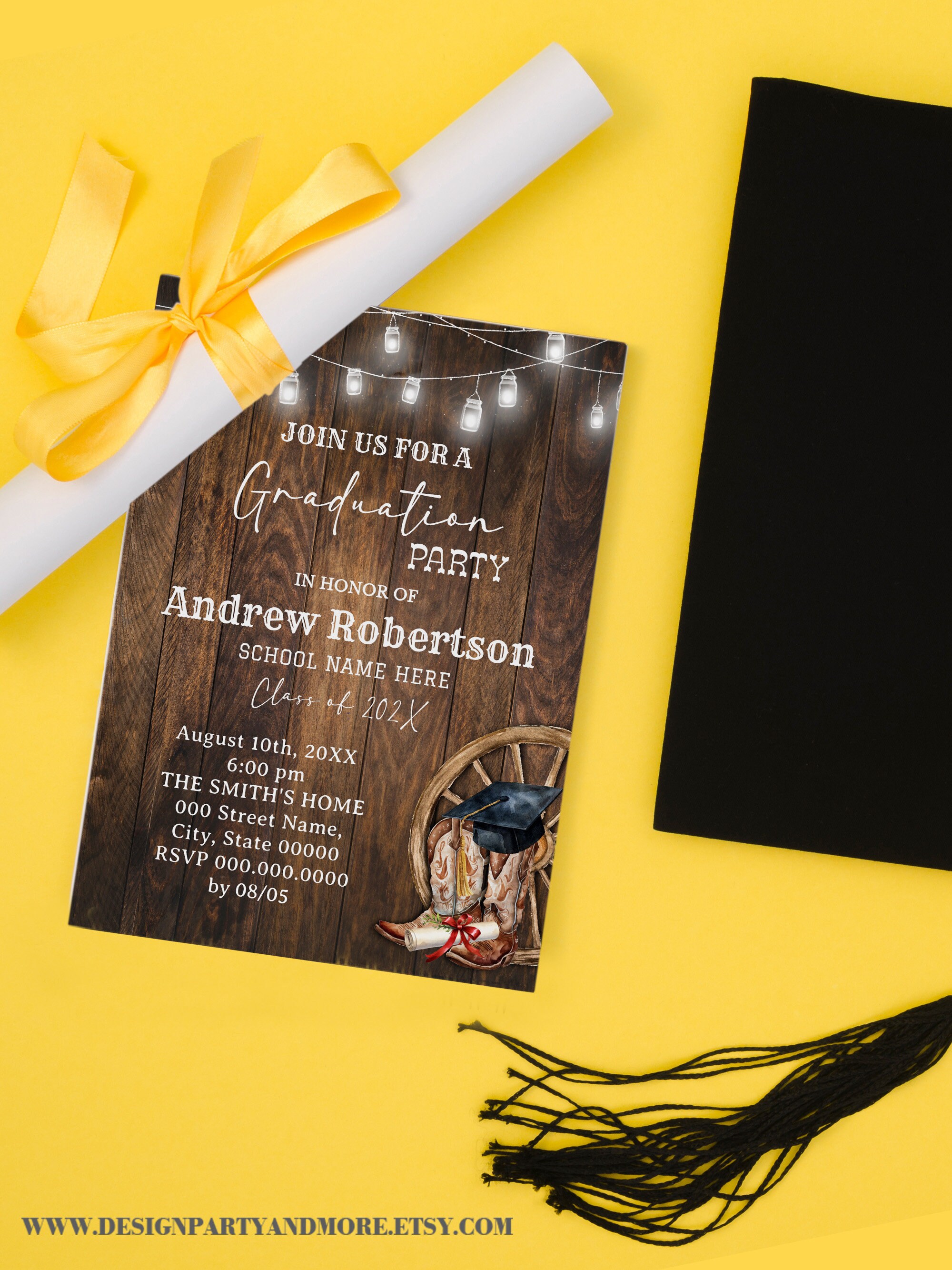 Western Graduation Party Invitation Country Rustic Wood Digital Invite ...