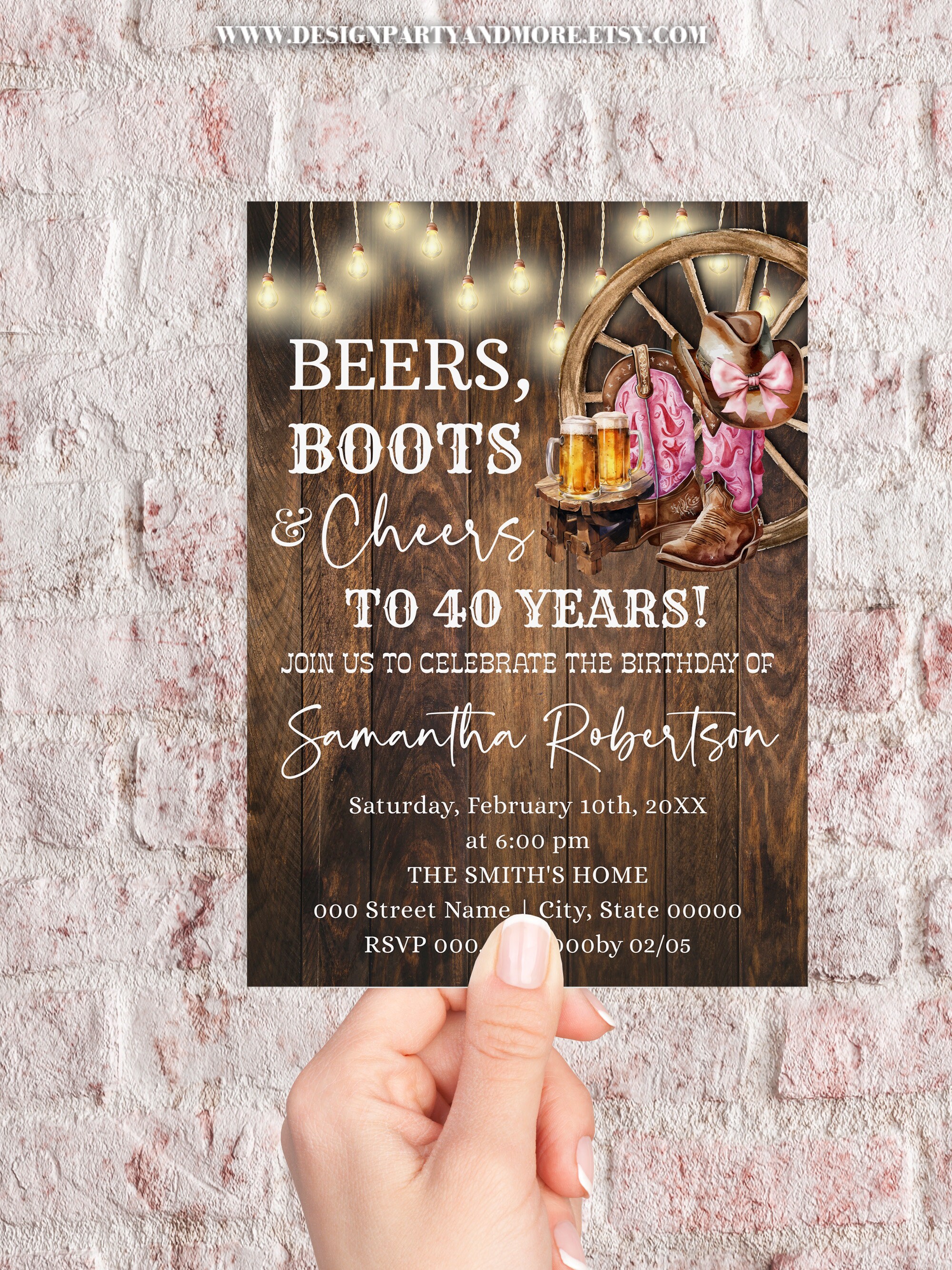 Pink Western Beer Boots & Cheers Birthday Party Invitation, Country Rustic Wood Cowgirl Digital ...
