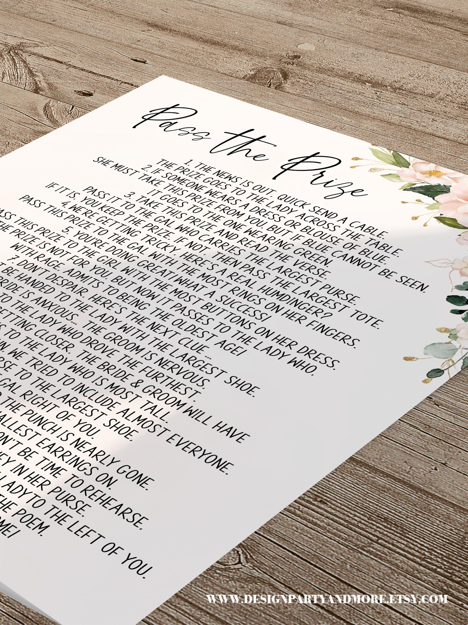 Pass the Prize Bridal Shower, Pass the Prize Poem, Pink Flowers Boho ...