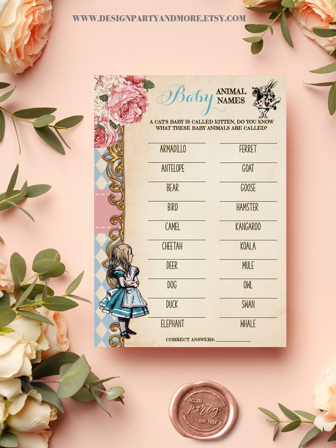 Baby Animals Name Baby Shower Game, Alice in Wonderland Baby Shower Tea ...