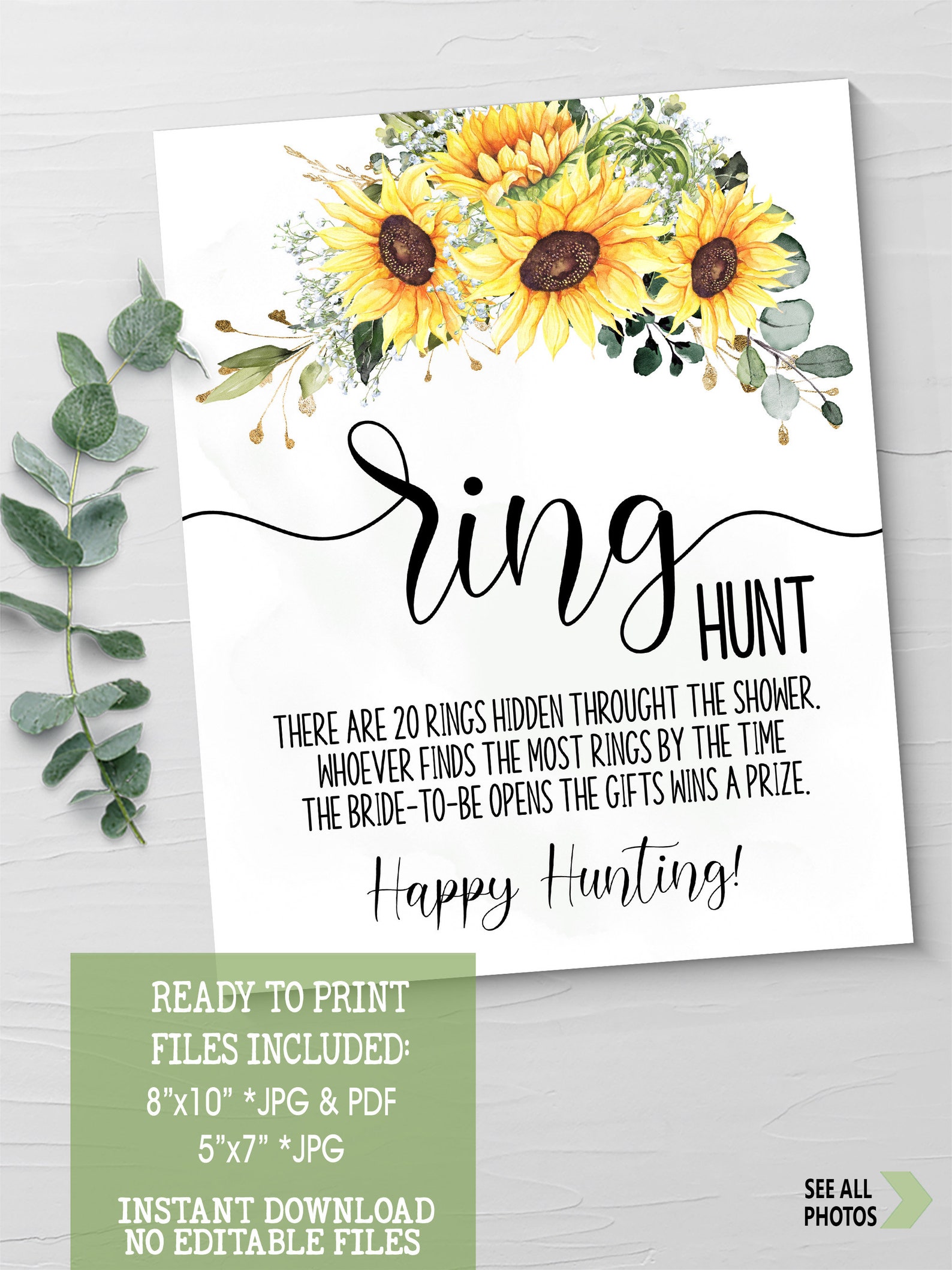 Ring Hunt Bridal Shower, Find the Rings Game, Sunflowers Greenery ...