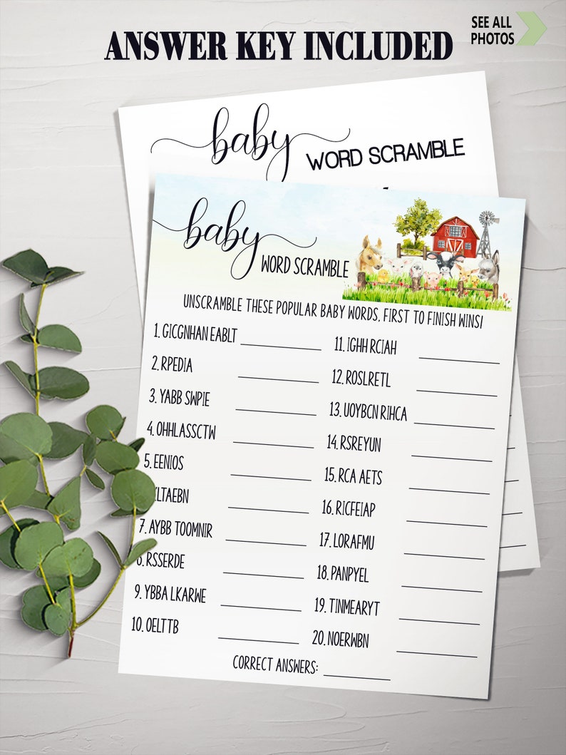 Farm Animals Baby Word Scramble Baby Shower Game, Ranch Animals Baby ...