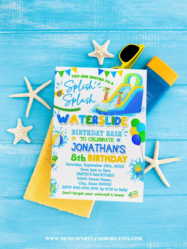 Splish Splash Waterslide Birthday Bash Invitation Splish Splash Water Summer Bash Children Blue ...