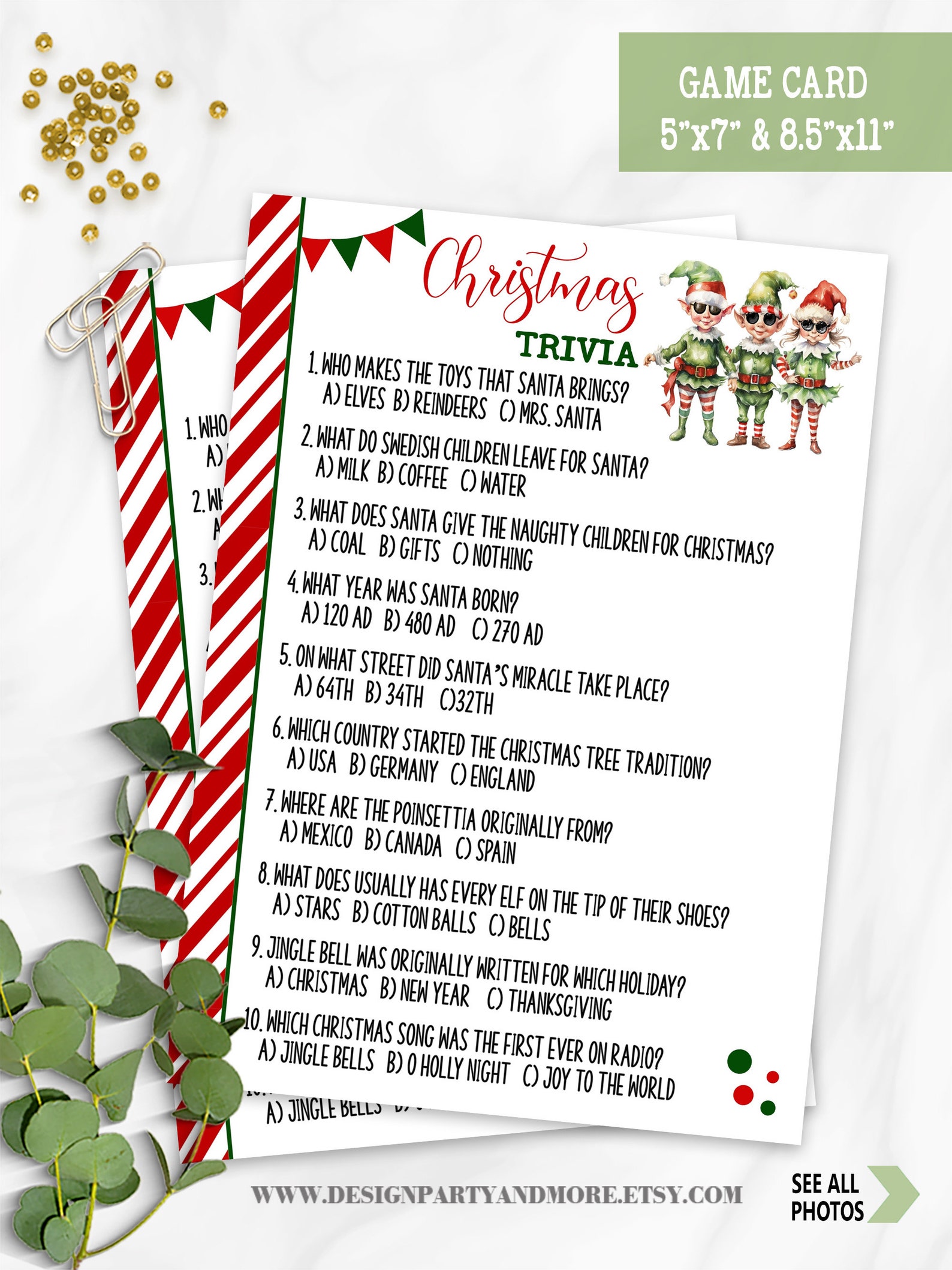 Christmas Trivia Game, Elves Christmas Party Game, Red White Christmas ...