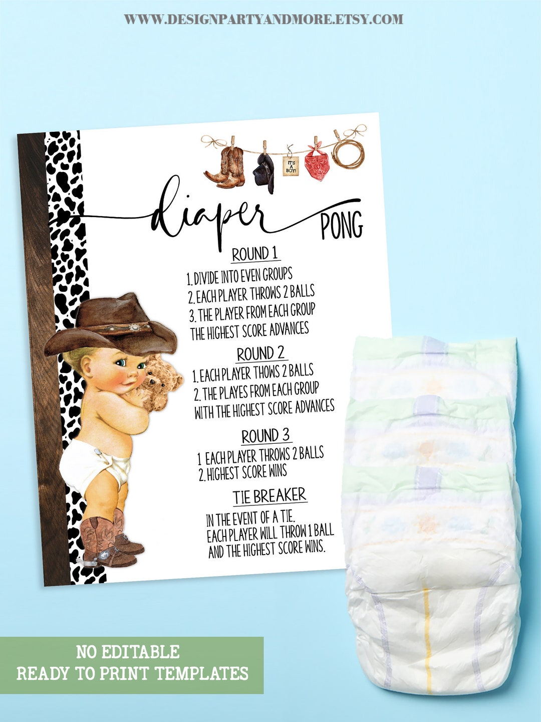 Cowboy Diaper Pong Baby Shower Game, Cow Country Western Chic Cowboy ...