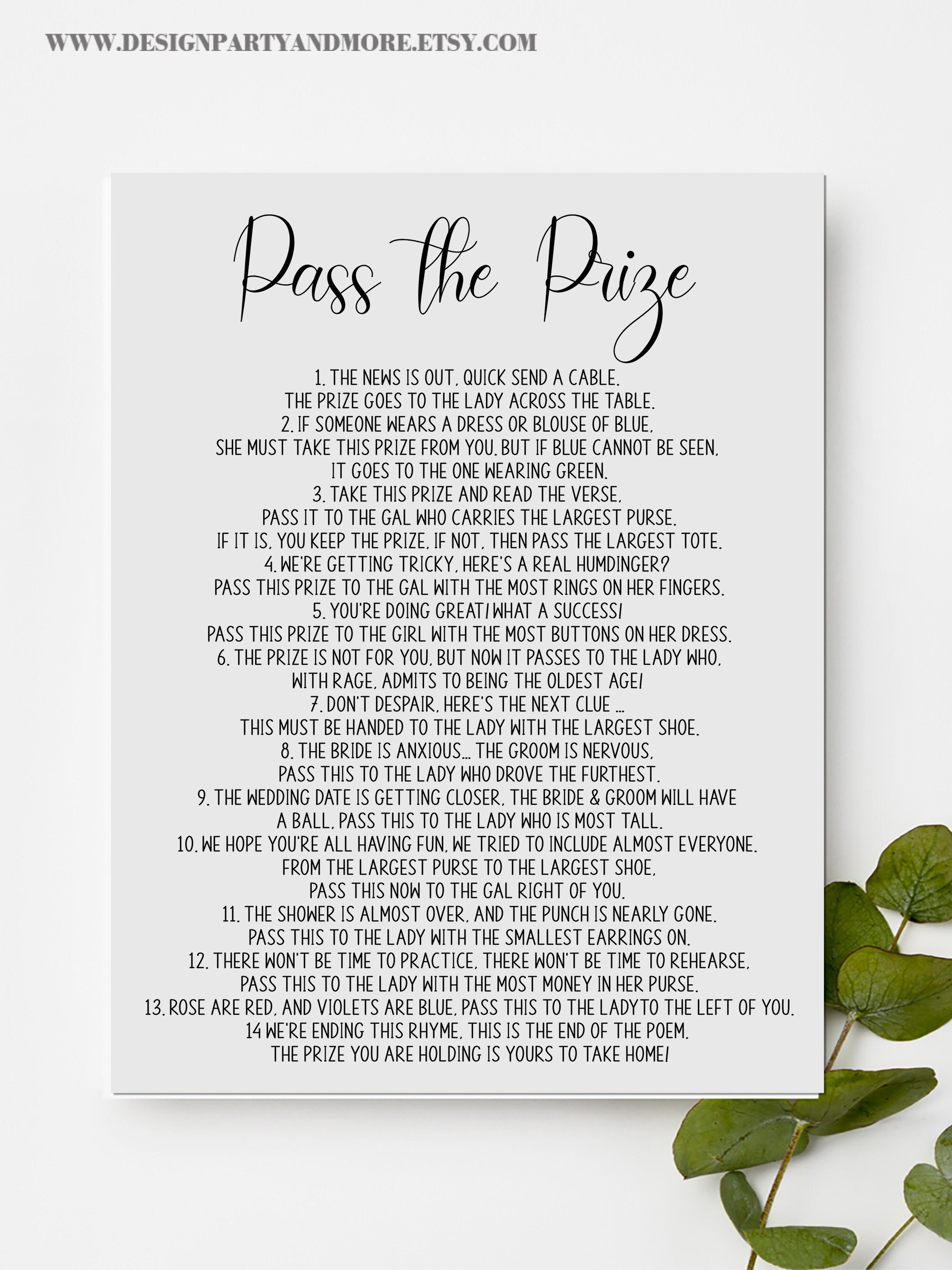 Pass the Prize Minimalist Bridal Shower, Pass the Prize Poem, Simple ...