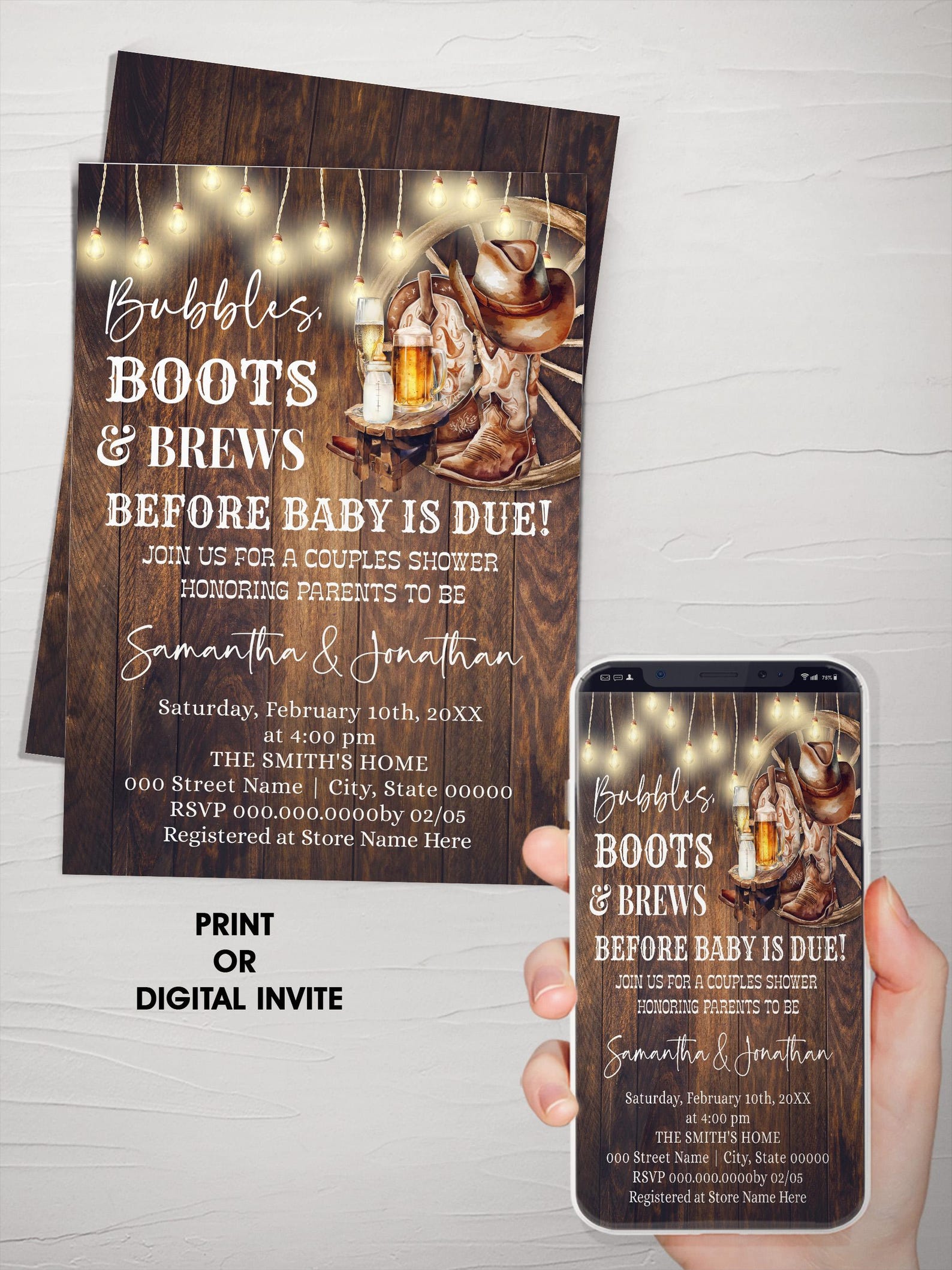 Bubbles Boots & Brews Before Baby is Due Western Baby Shower Invitation ...