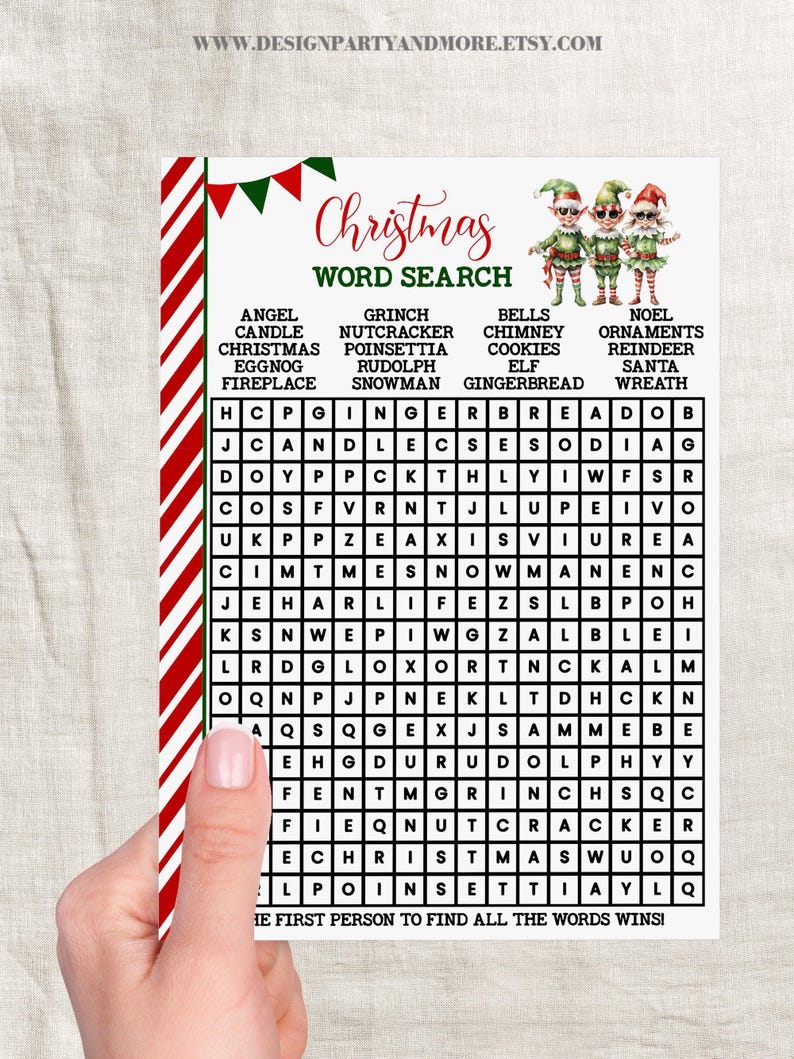 Christmas Word Search Game, Elves Christmas Party Game, Red White Party ...