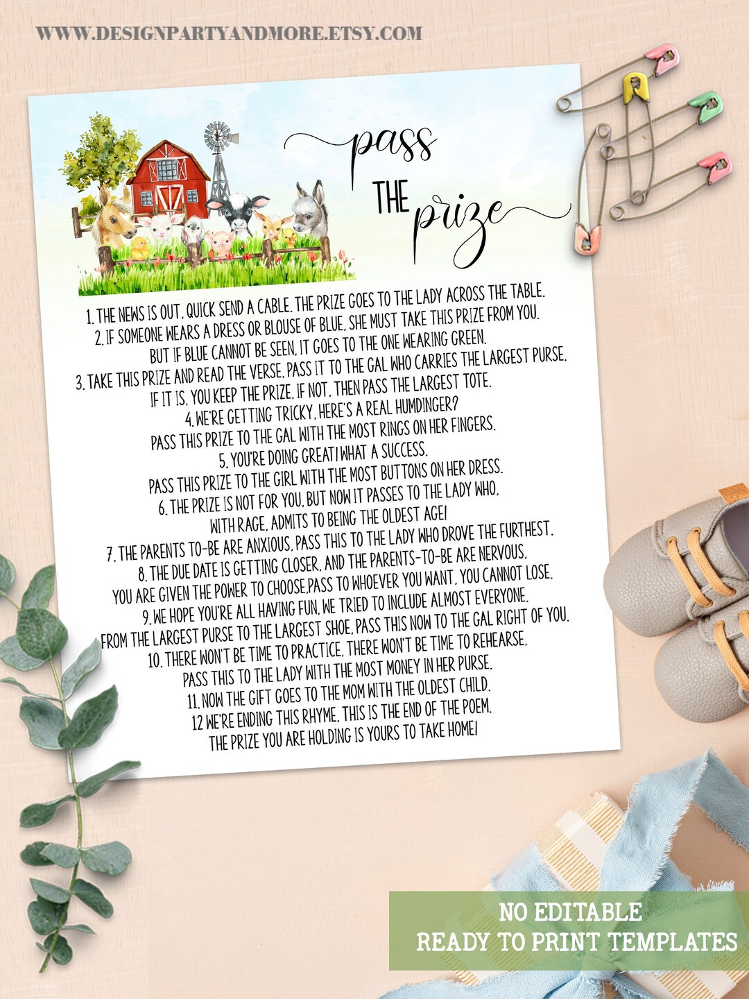 Farm Animals Baby Shower Game: Pass the Prize Poem (printable) 52BG-401 ...