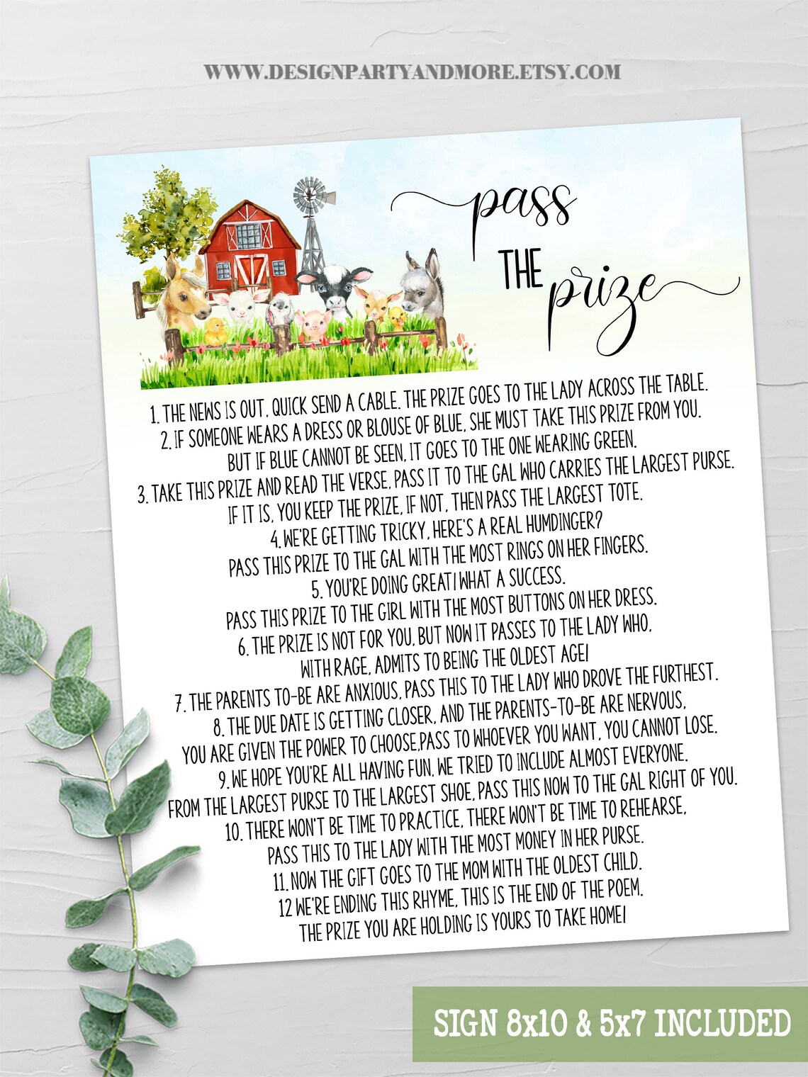 Farm Animals Pass the Prize Game, Pass the Gift Baby Shower Game, Red ...