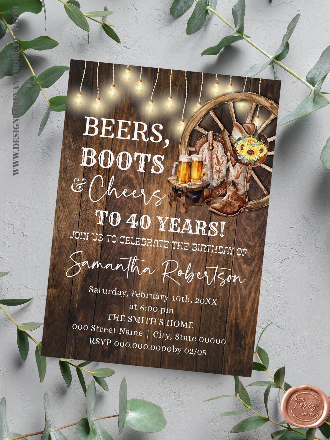 Sunflowers Beer Boots & Cheers Western Birthday Party Invitation, Country Rustic Wood Digital ...