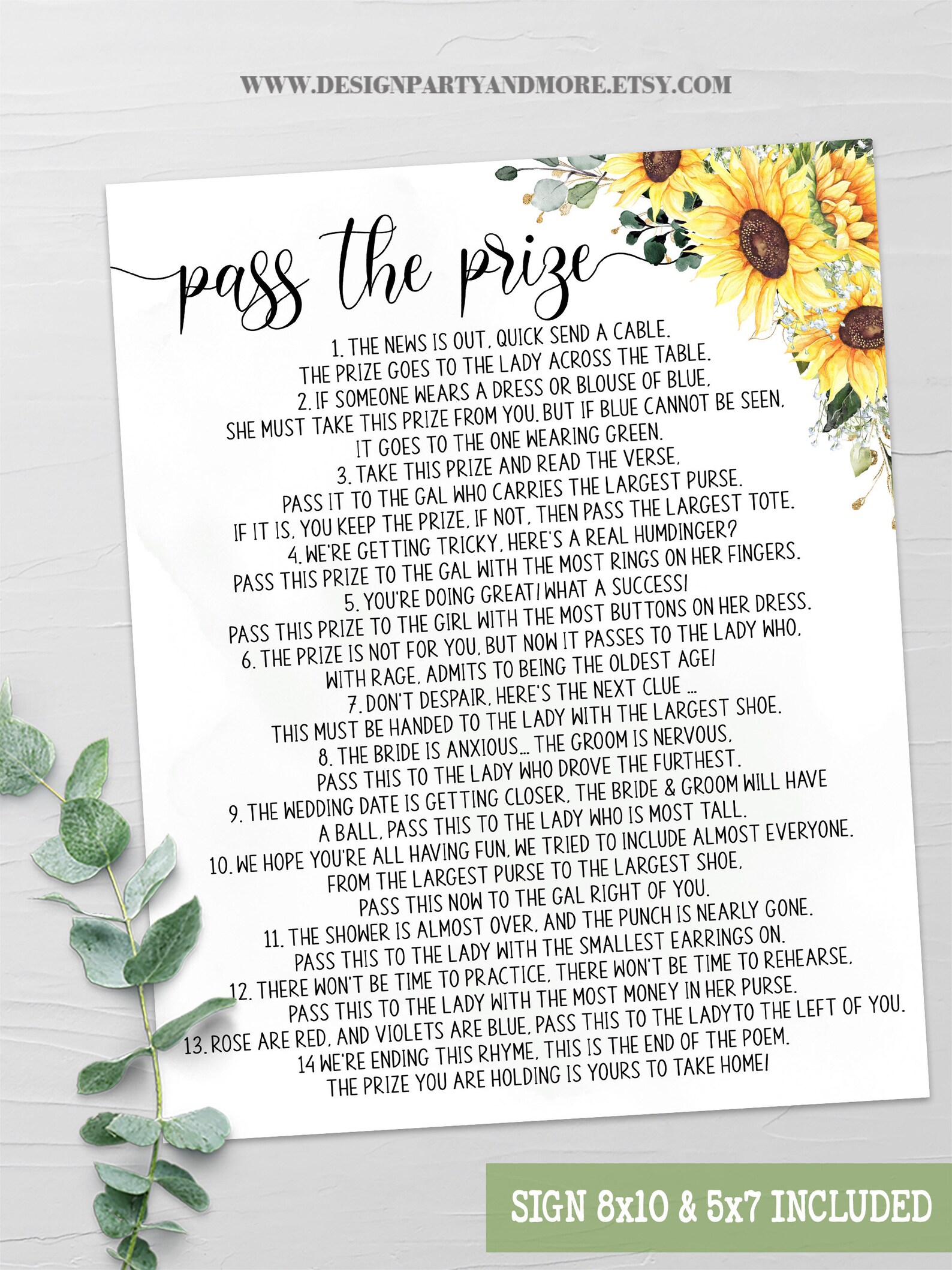 Pass the Prize Bridal Shower, Pass the Prize Poem, Sunflowers Greenery ...
