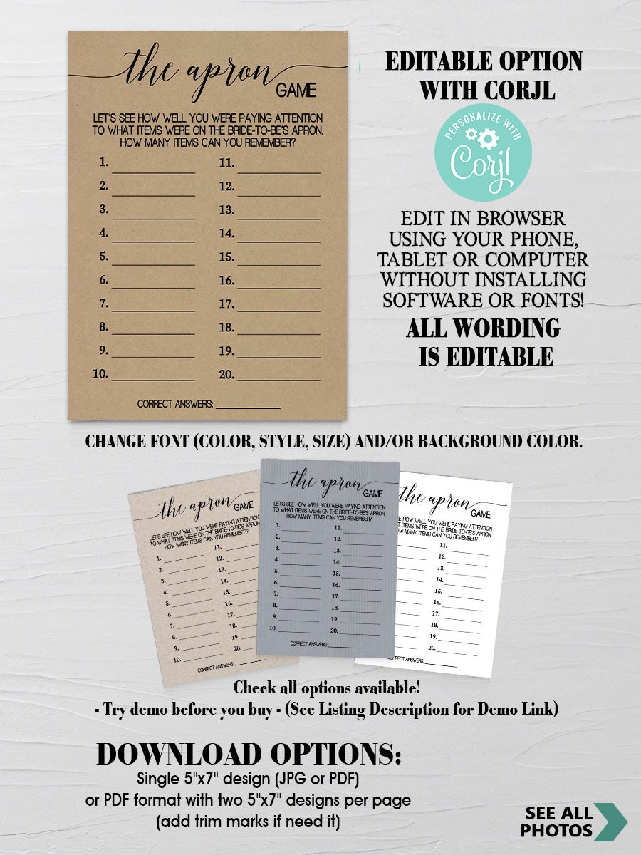 The Apron Game Rustic Bridal Shower Memory Kraft Game Western Country