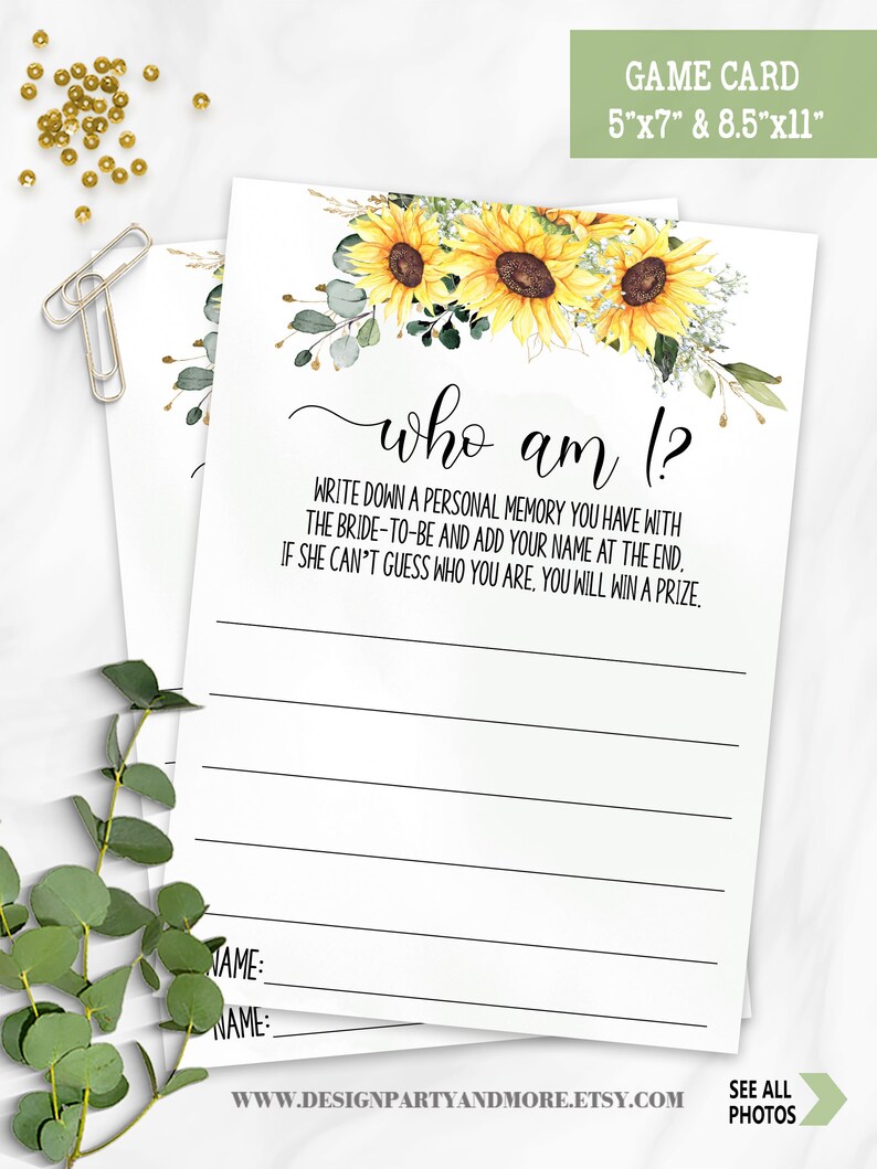 Who Am I Bridal Shower Game, Guess Who Am I Game, Sunflowers Greenery ...