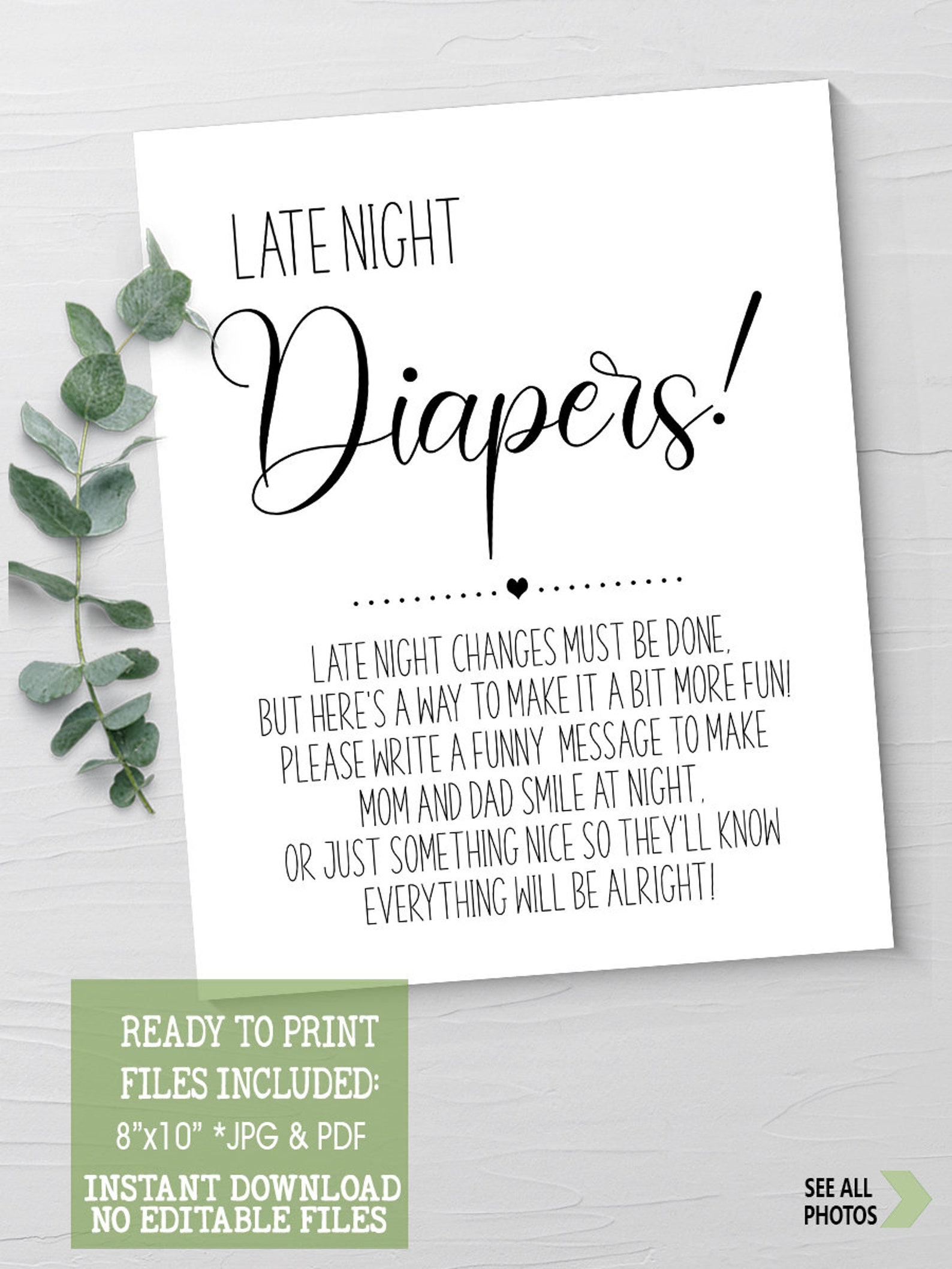 Late Night Diapers Game Minimalist Baby Shower Game Leave a Note to Mom ...