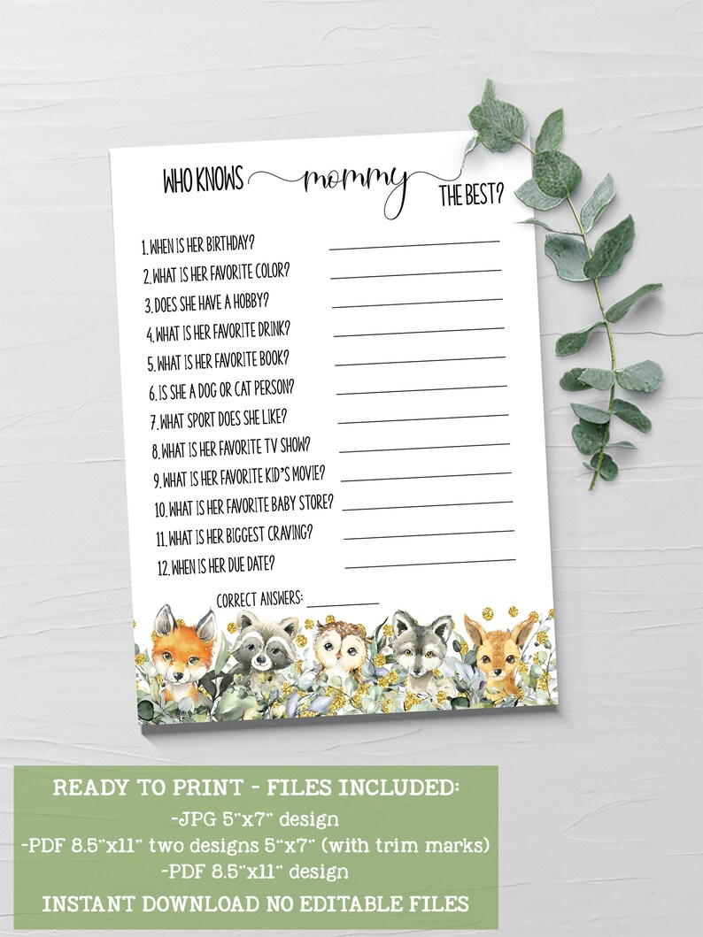 Forest Animals Who Knows Mommy the Best Baby Shower Game Woodland ...