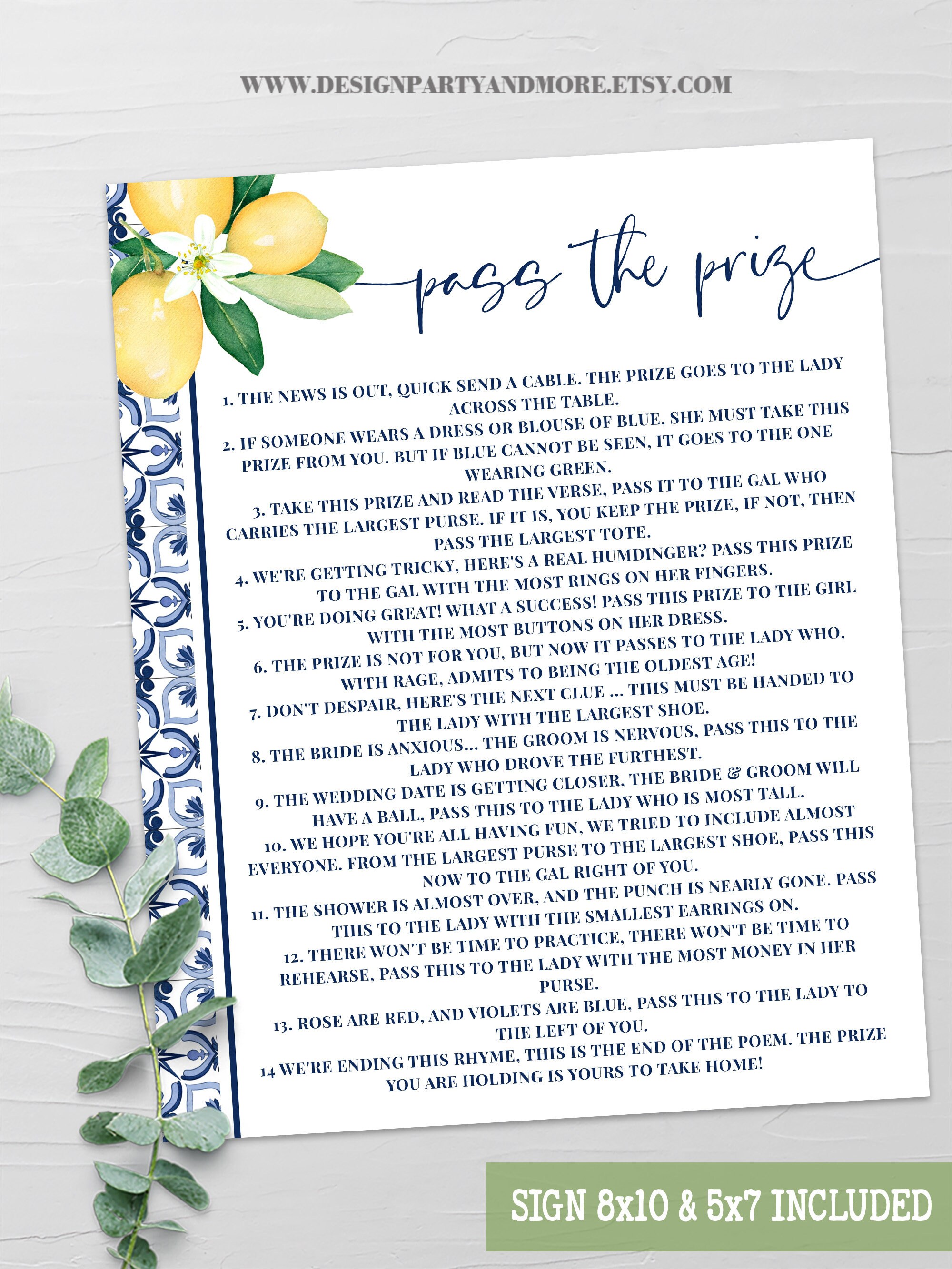Pass the Prize Bridal Shower, Pass the Prize Poem, Blue Mediterranean ...