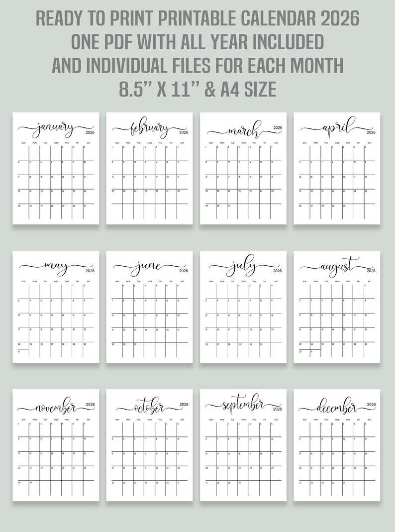 2026 Minimalist Calendar Portrait Letter & A4, Monthly Pages and Year ...