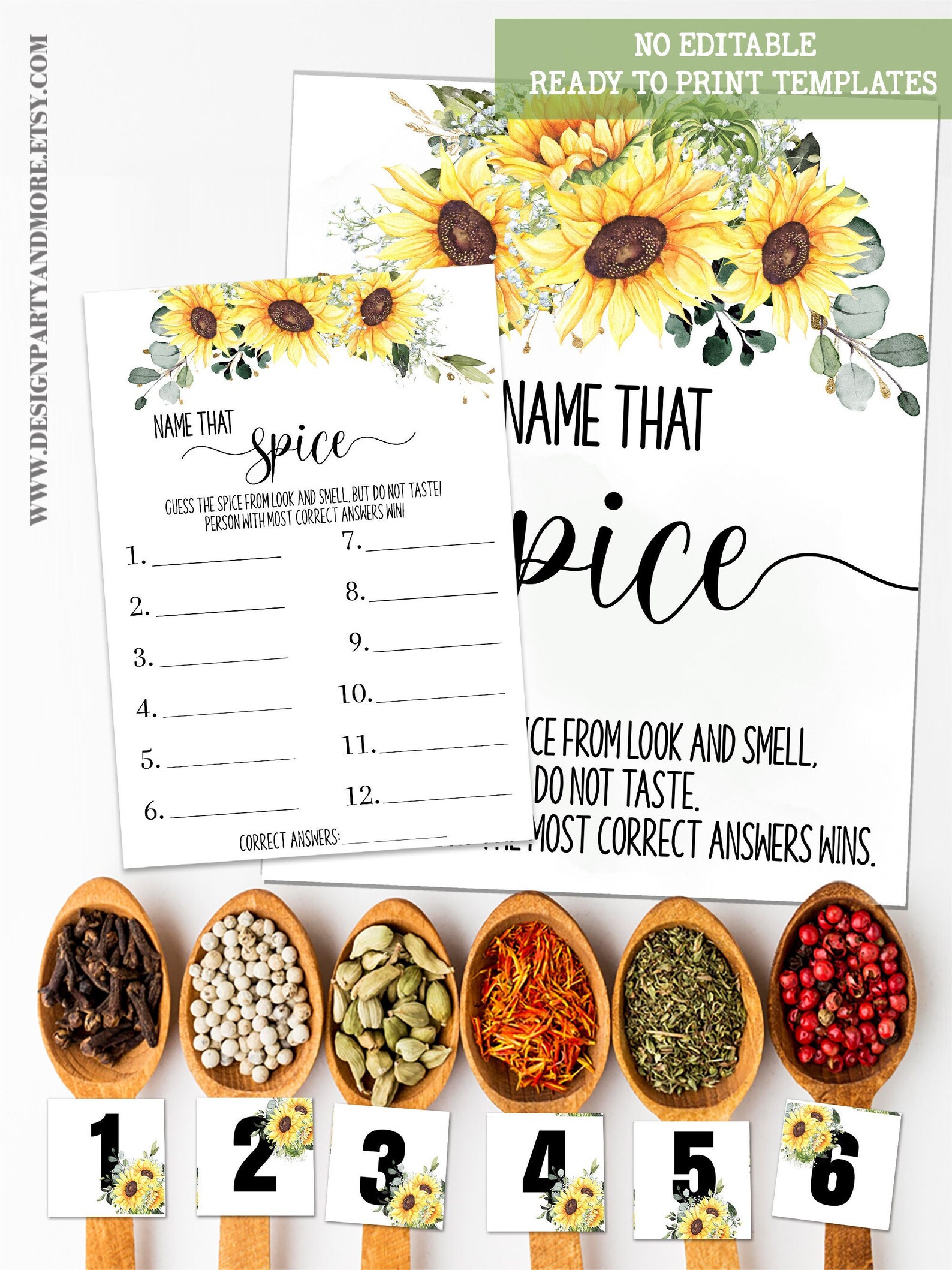 Name That Spice Bridal Shower Game, Sunflowers Greenery Country Chic ...