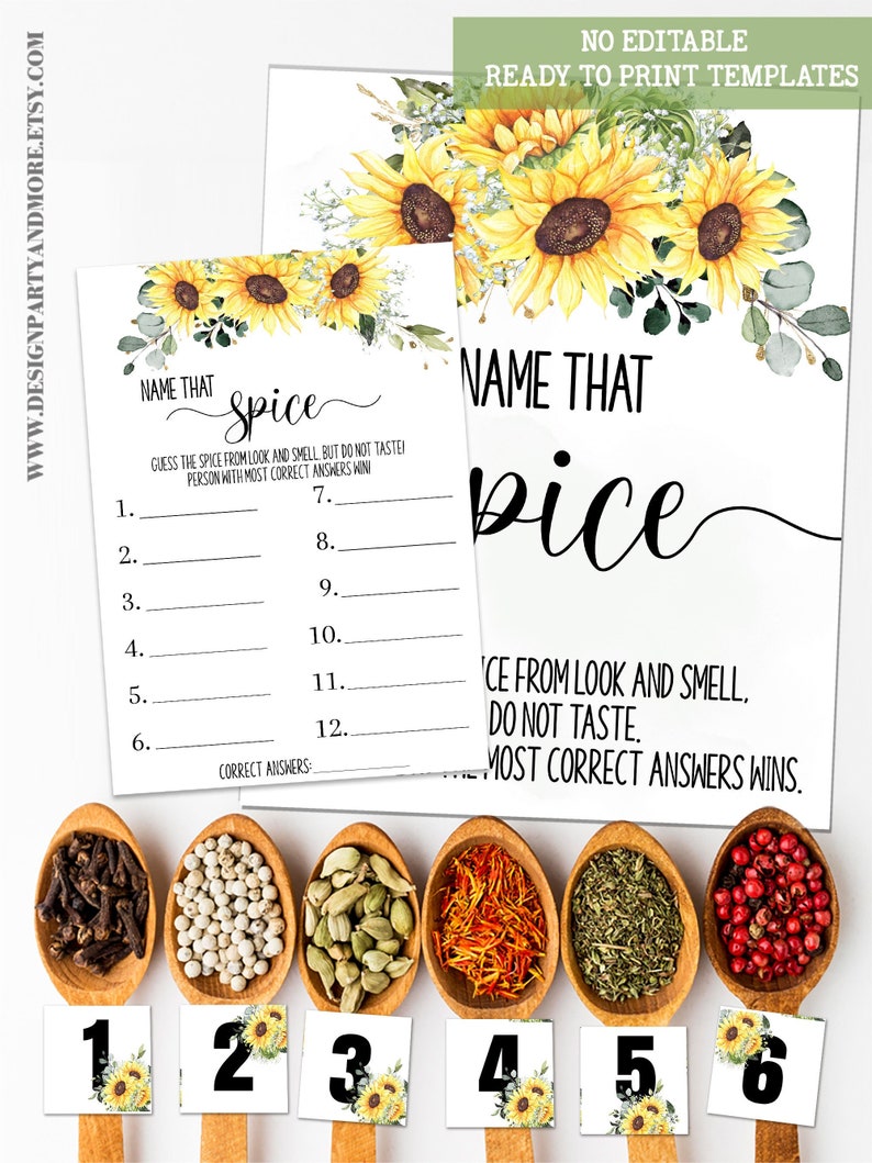 Name That Spice Bridal Shower Game, Sunflowers Greenery Country Chic ...