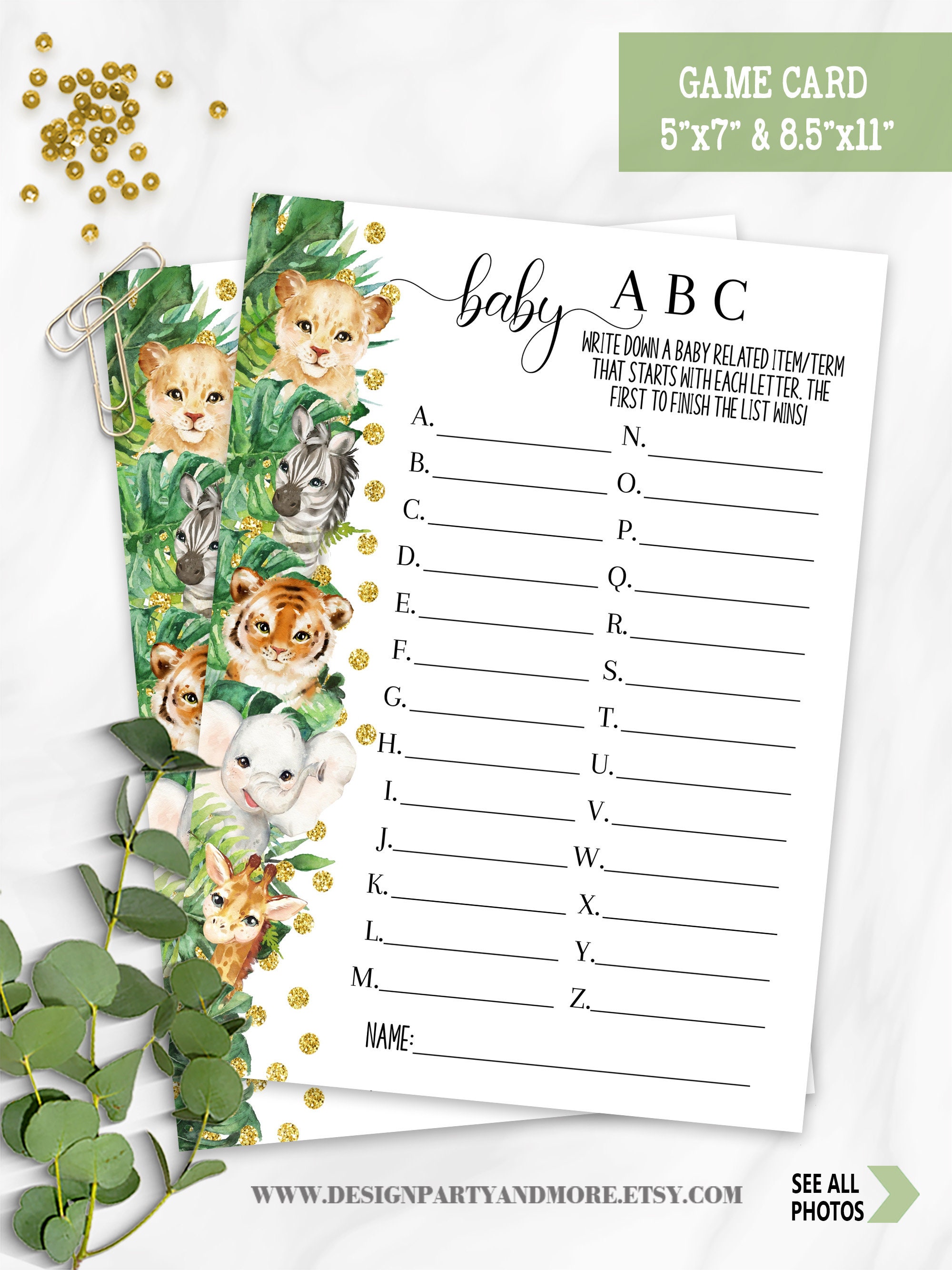Safari ABC Baby Words Baby Shower Game, Wild One Tropical Jungle Baby ...