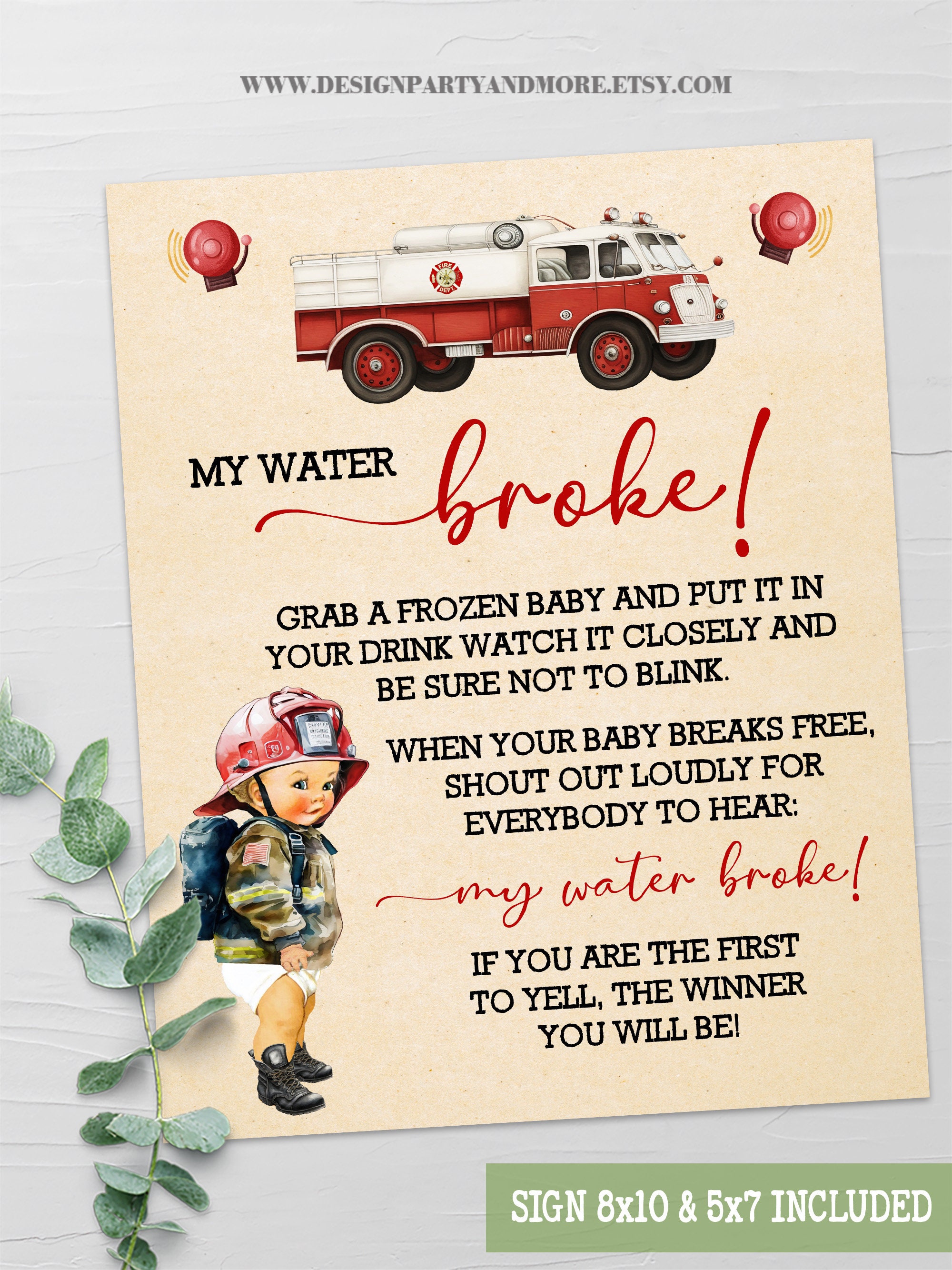 Little Firefighter My Water Broke Baby Shower Game, Fireman Fire Truck ...