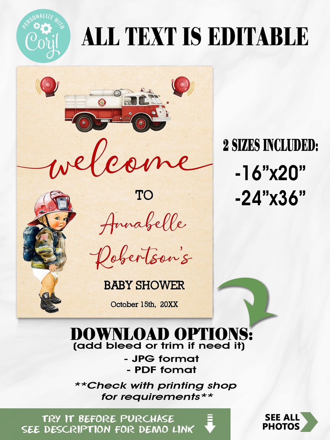 Little Fireman Baby Shower Welcome Sign, Little Firefighter Firetruck ...