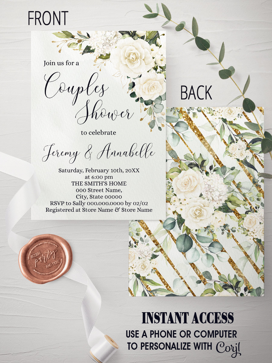 White Floral Couples Shower Invitation White Flowers Boho Chic Wedding ...