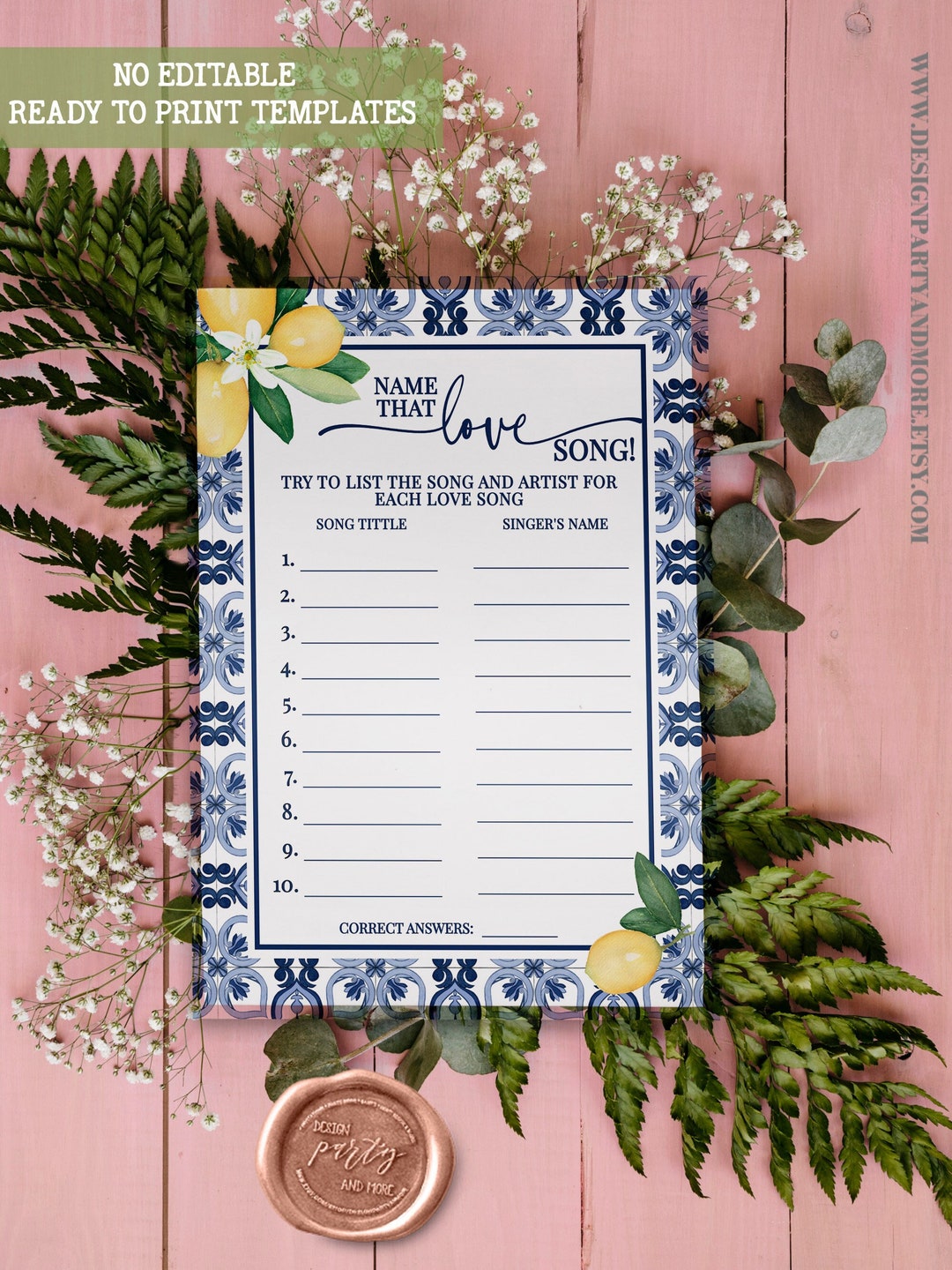 Name That Love Song Bridal Shower Game, Blue Mediterranean Lemons ...