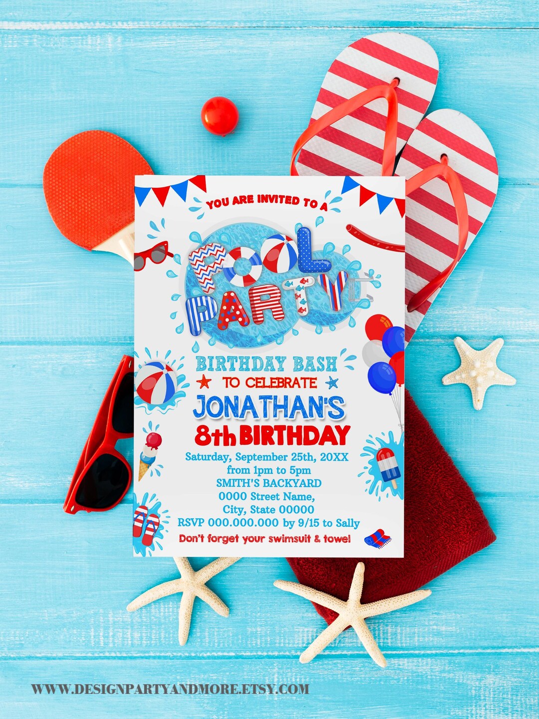 Pool Party Summer Birthday Bash Invitation Red White Blue Summer Water ...