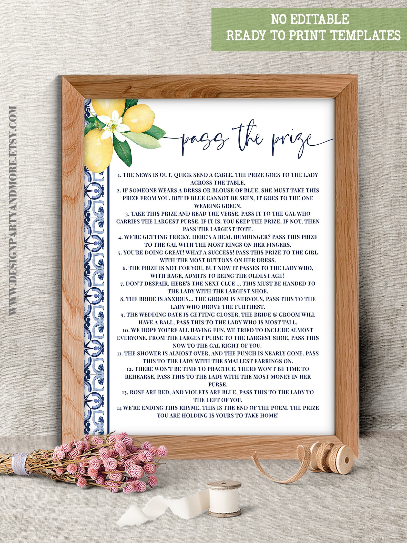 Pass the Prize Bridal Shower, Pass the Prize Poem, Blue Mediterranean ...