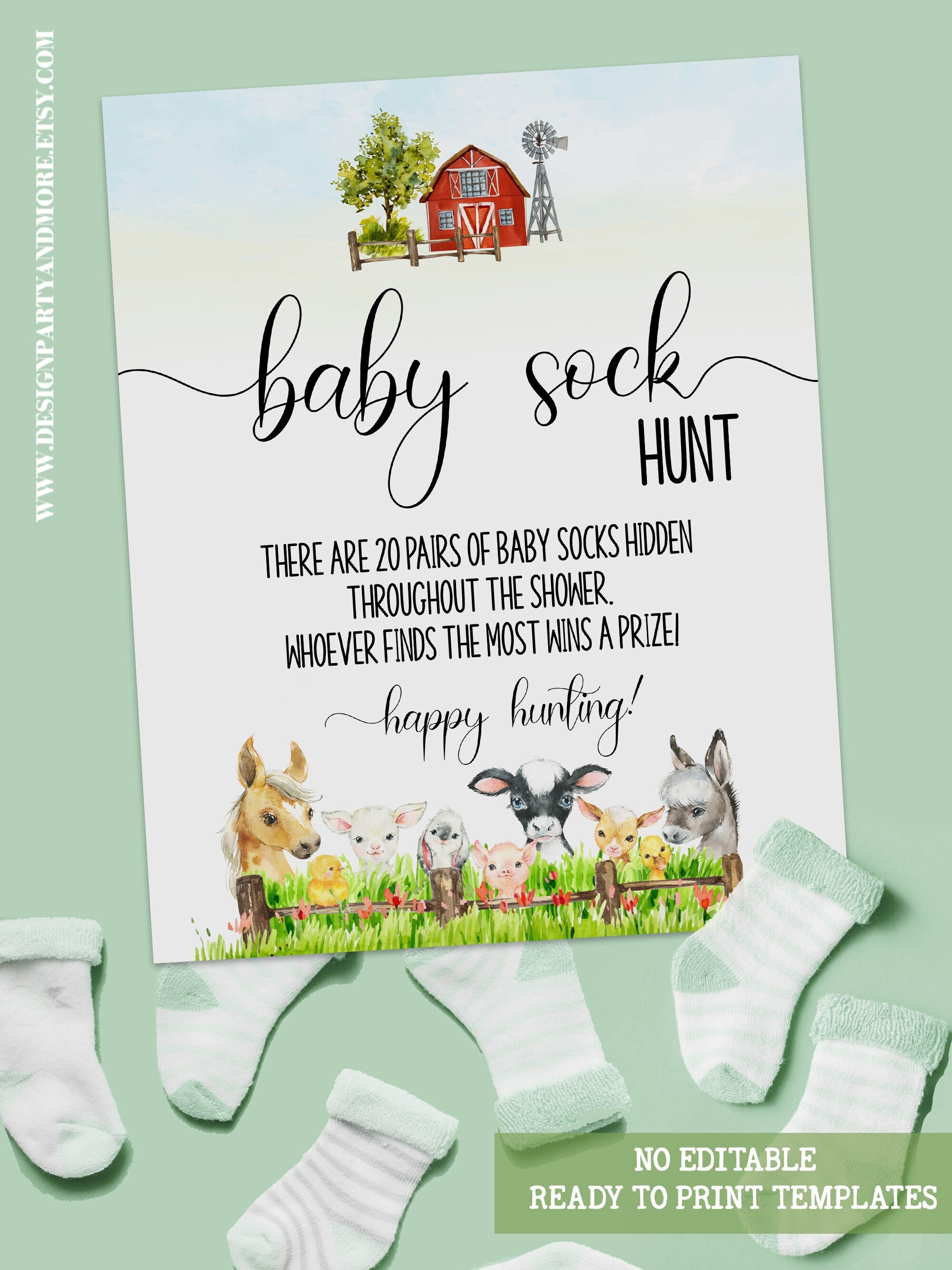 Farm Animals Baby Sock Hunt Game, Find the Baby Socks Shower Game, Red ...