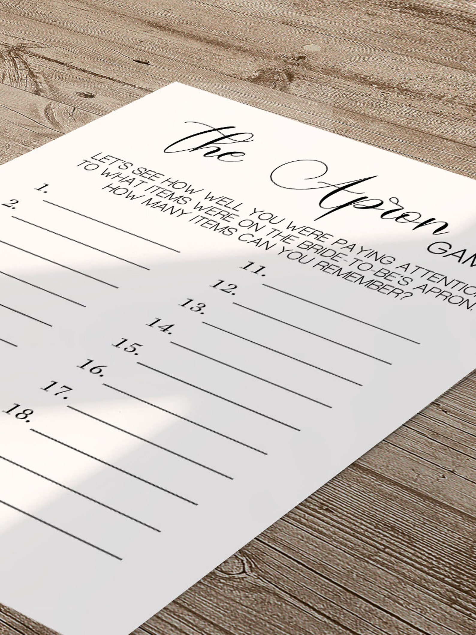 The Apron Game Minimalist Bridal Shower, Memory Bridal Game, Simple ...