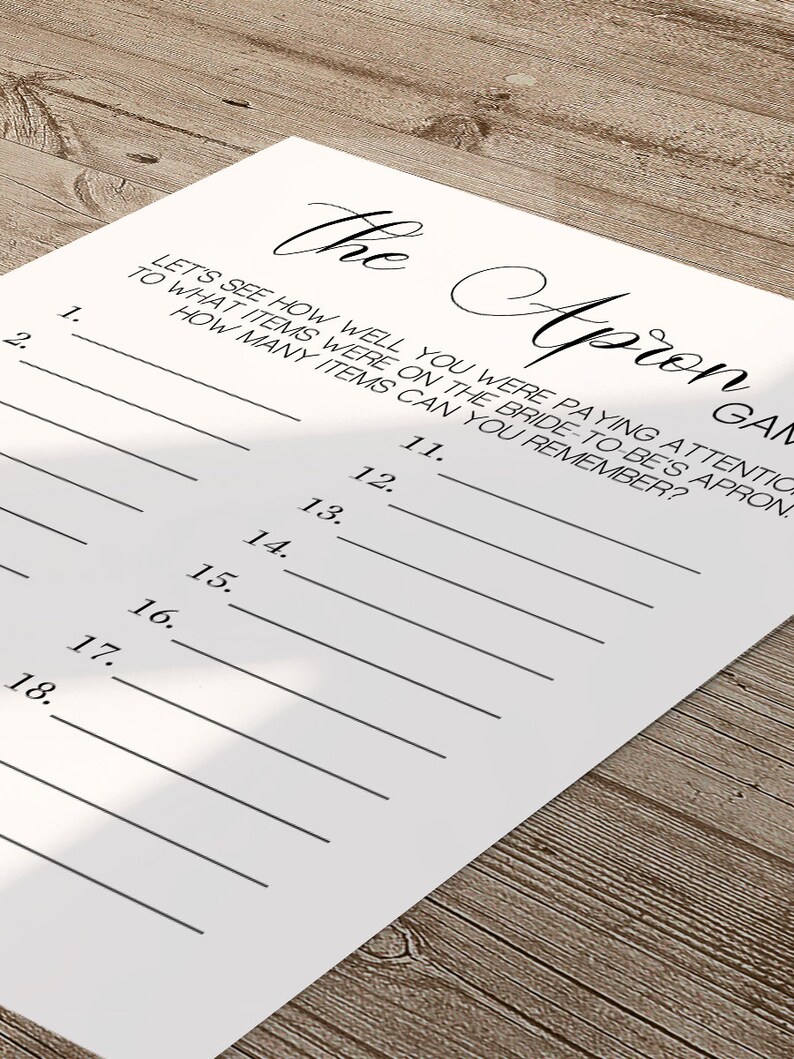 The Apron Game Minimalist Bridal Shower, Memory Bridal Game, Simple ...