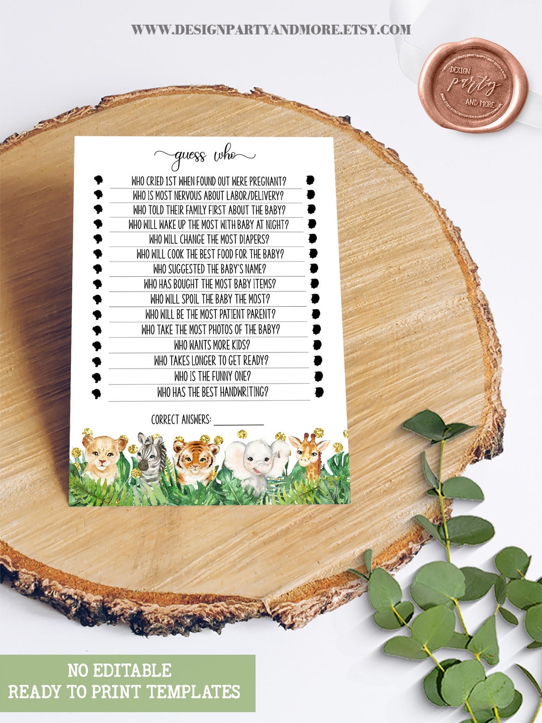 Safari Jungle Animals Guess Who Baby Shower Game (printable) 03BG-400 ...