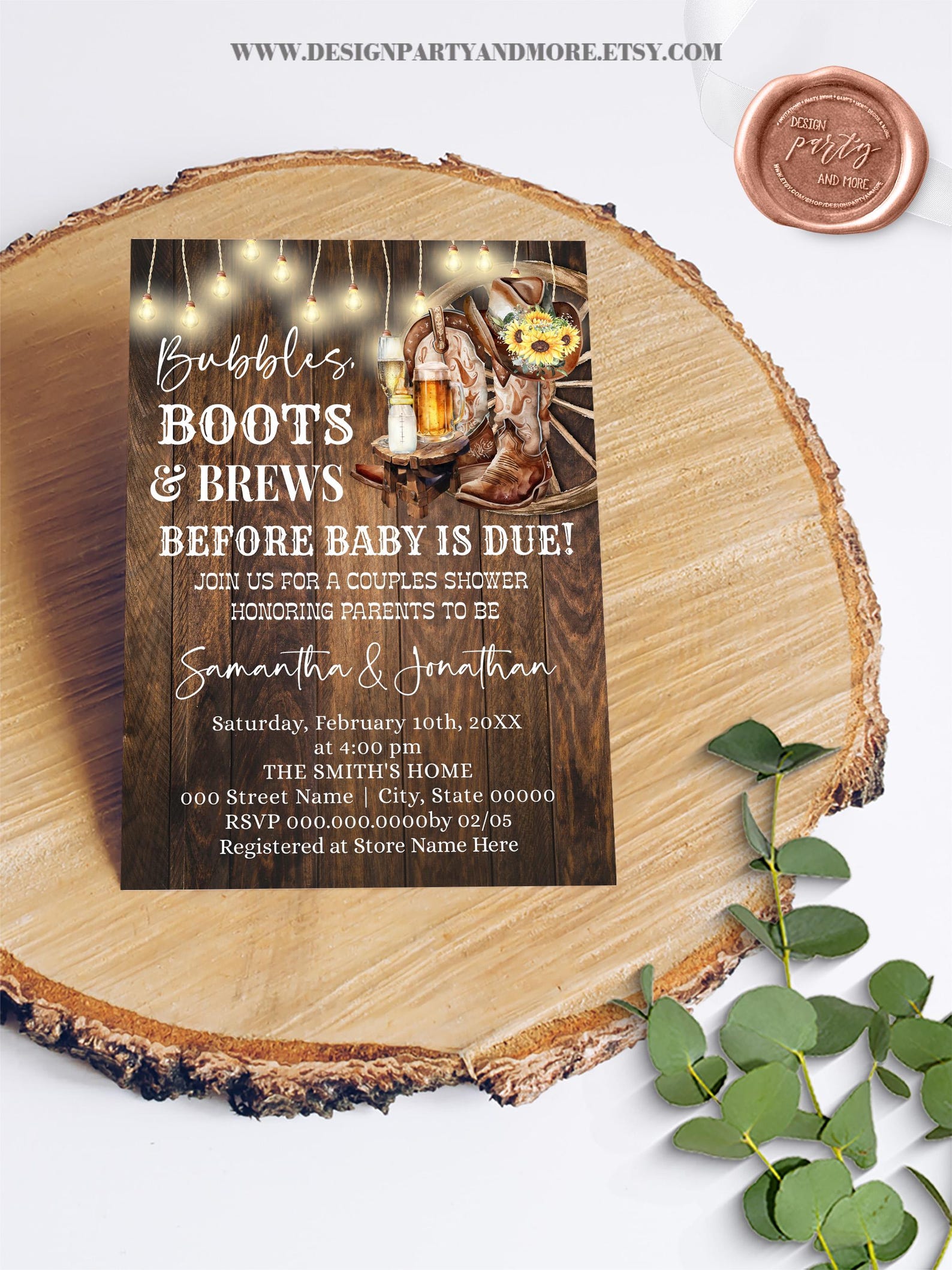 Bubbles Boots & Brews Before Baby is Due Western Baby Shower Invitation ...