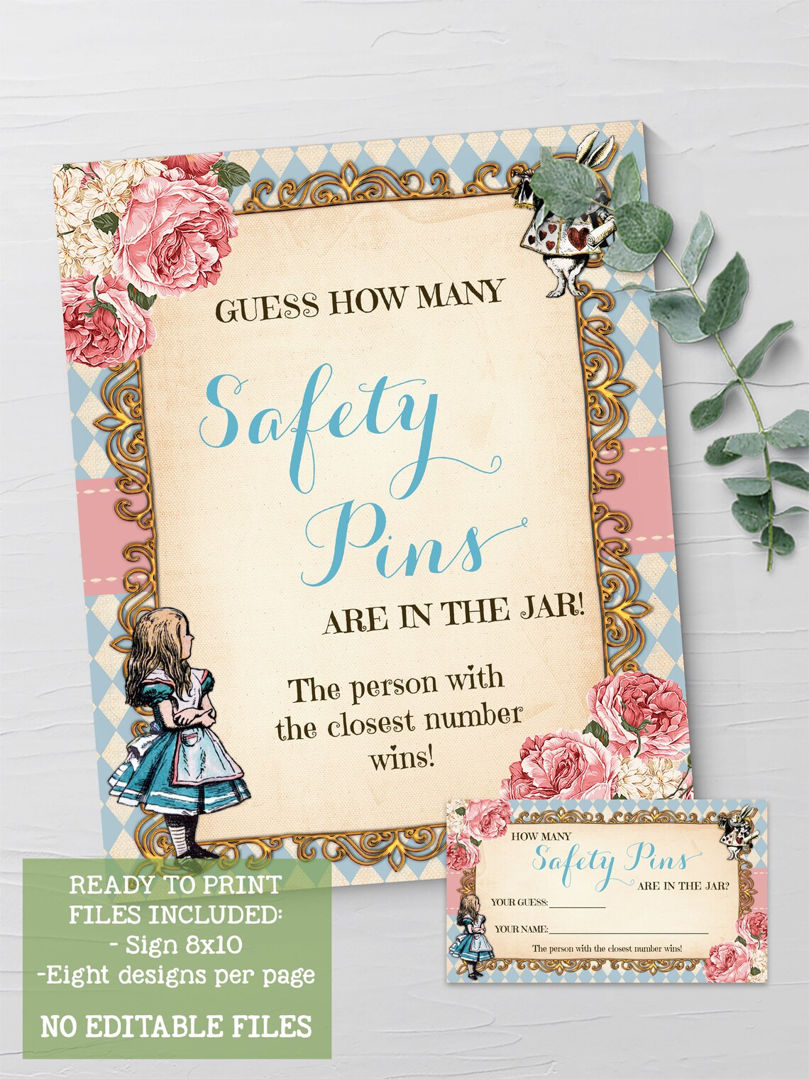 Alice in Wonderland Baby Shower Game: Guess How Many Safety Pins ...