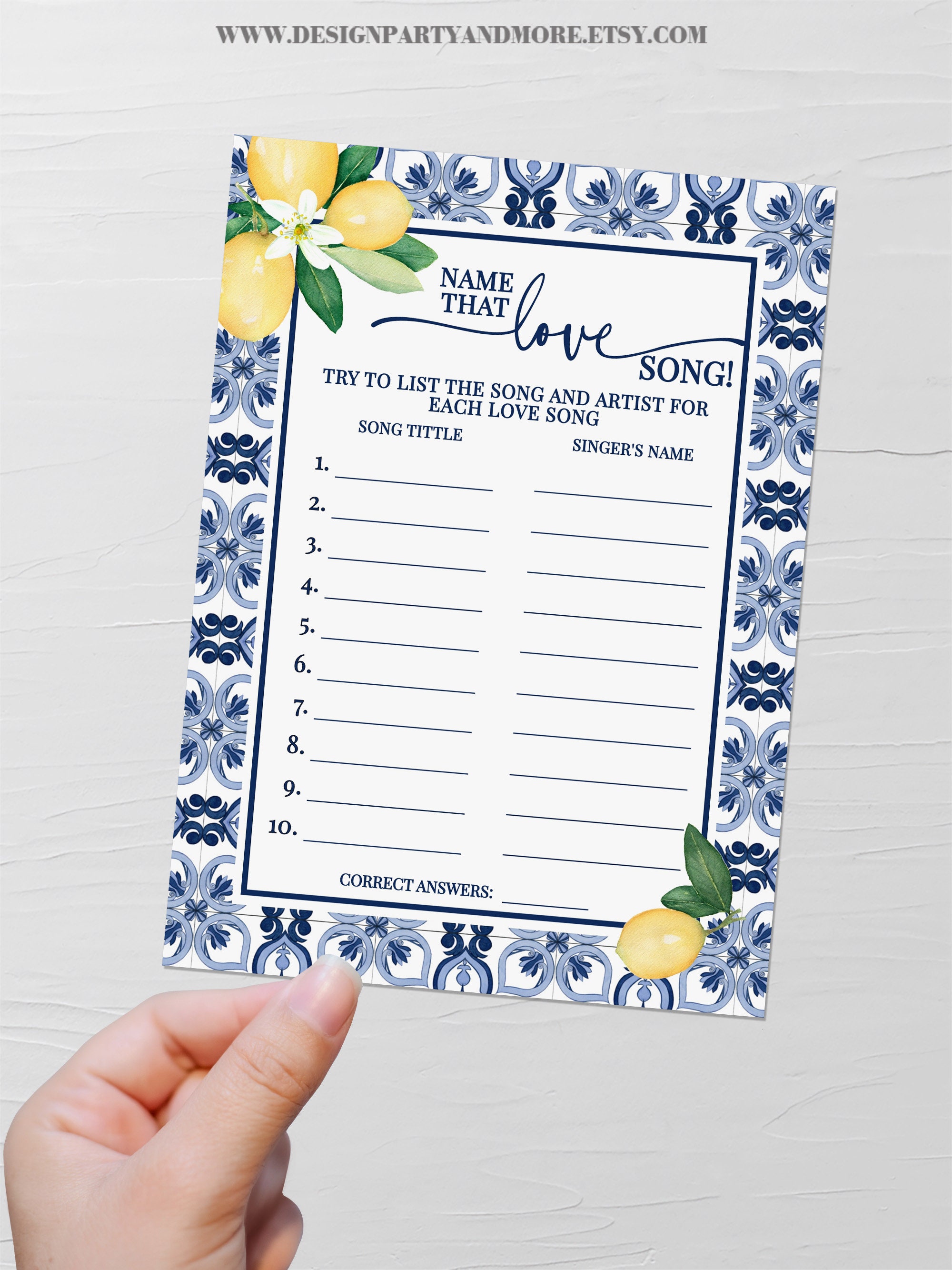 Name That Love Song Bridal Shower Game, Blue Mediterranean Lemons ...