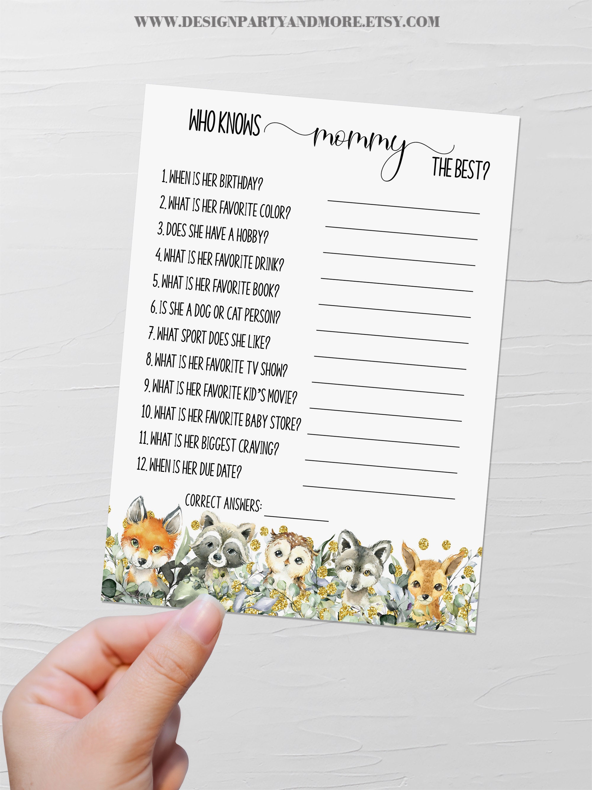 Forest Animals Who Knows Mommy the Best Baby Shower Game Woodland ...