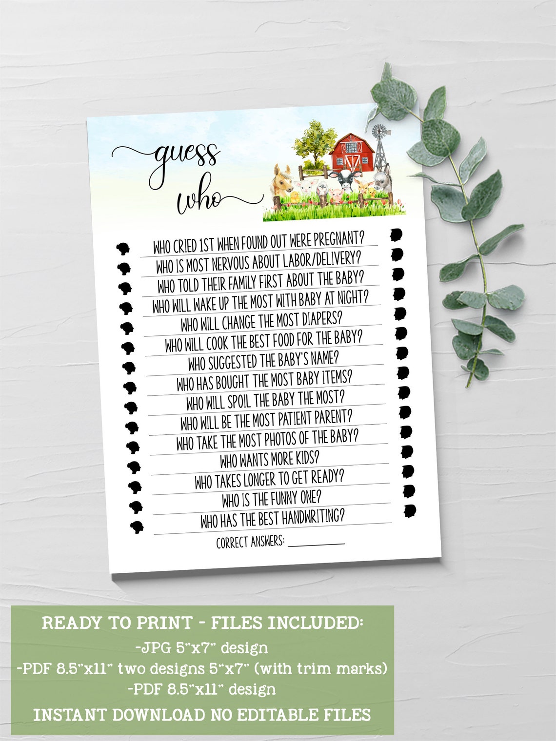 Farm Animals Guess Who Baby Shower Game, Guess Mom or Dad Coed Red Barn ...