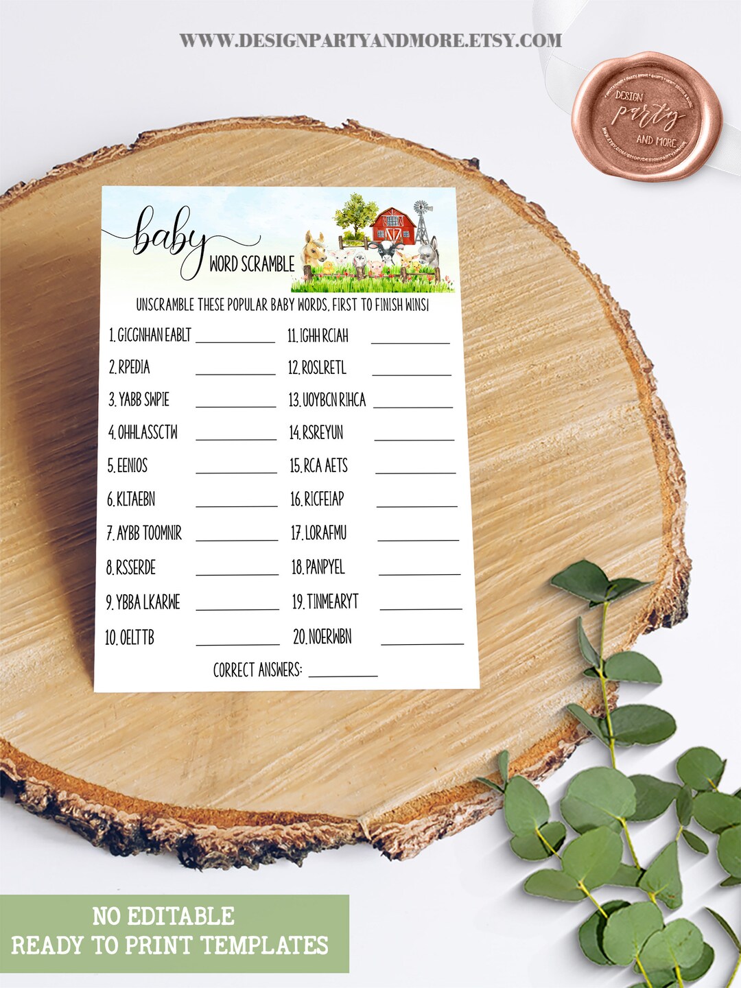 Farm Animals Baby Word Scramble Baby Shower Game, Ranch Animals Baby ...