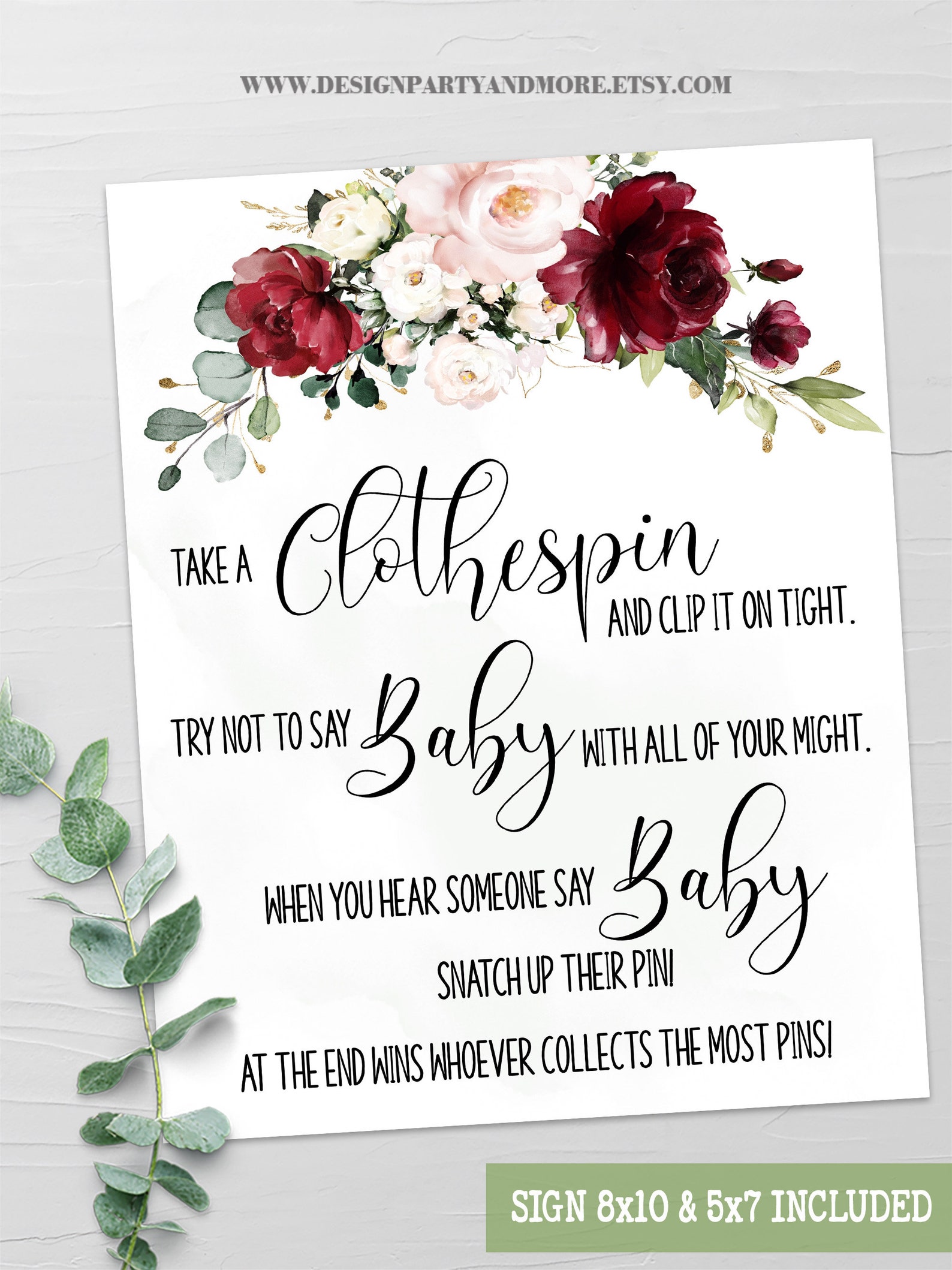 Don't Say Baby Shower Game, Clothespin Baby Shower Game, Marsala Baby ...