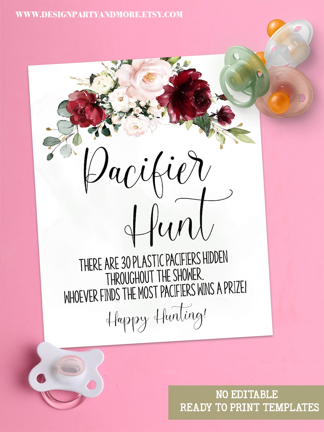 Pacifier Hunt Marsala Baby Shower Game, Find the Pacifiers Game ...