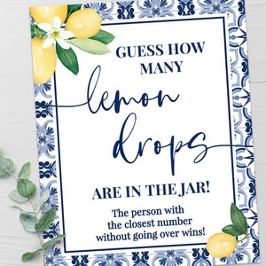 Guess How Many Lemon Drops Blue Mediterranean Lemon Bridal Shower Game ...