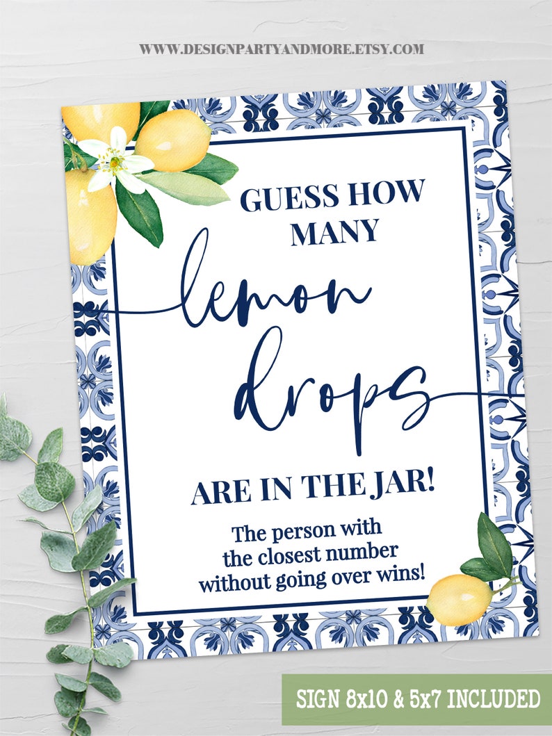 Guess How Many Lemon Drops Blue Mediterranean Lemon Bridal Shower Game ...