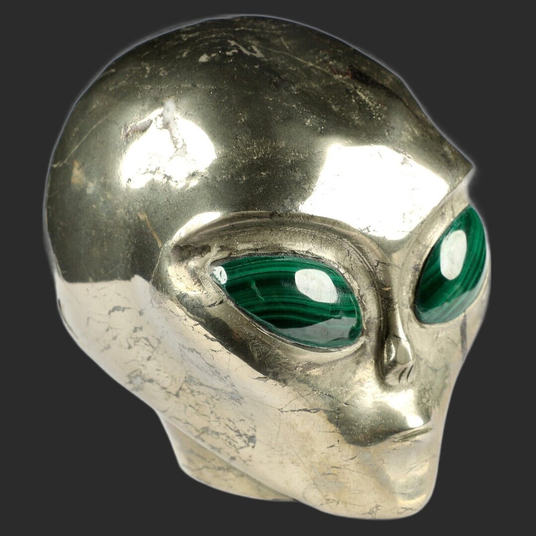 4.1" PYRITE Star Being Female Alien Crystal Skull With Malachite Eyes, Metaphysical, Crystal Art ...