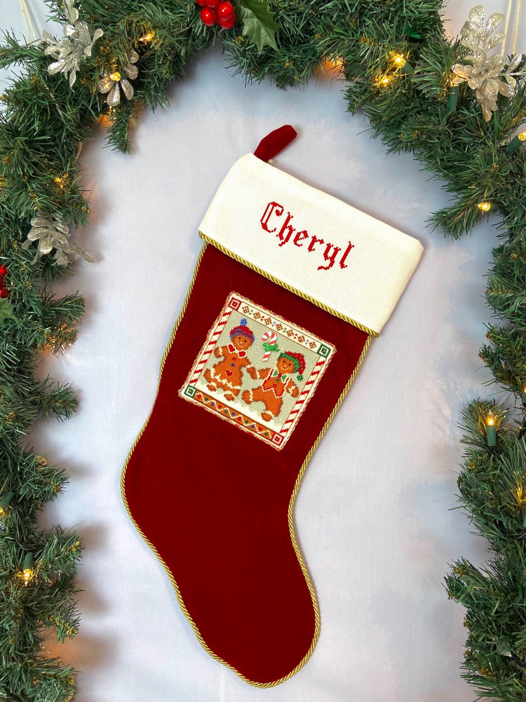 Personalized Gingerbread Red Velvet/gold Trim Stocking, Beaded Cross ...