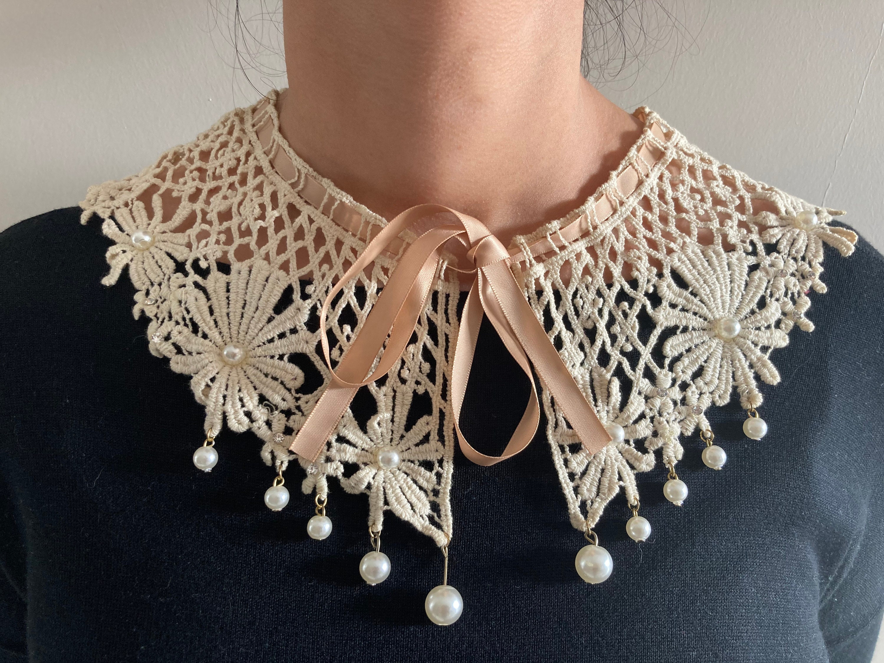Cream Lace Beaded Peter Pan Collar, Hand Embroidered, Handmade ...