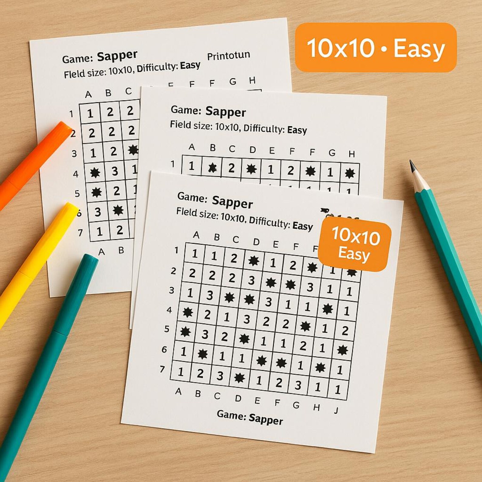 Printable Minesweeper Game – 10x10 Grid, Easy Level – PDF Download ...